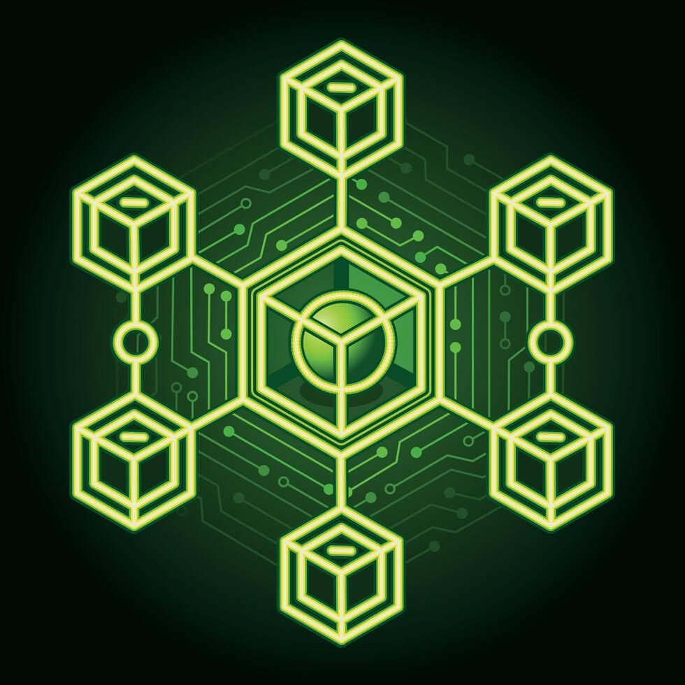 Neon Green Glowing Blockchain Inspired Cube Network Representing