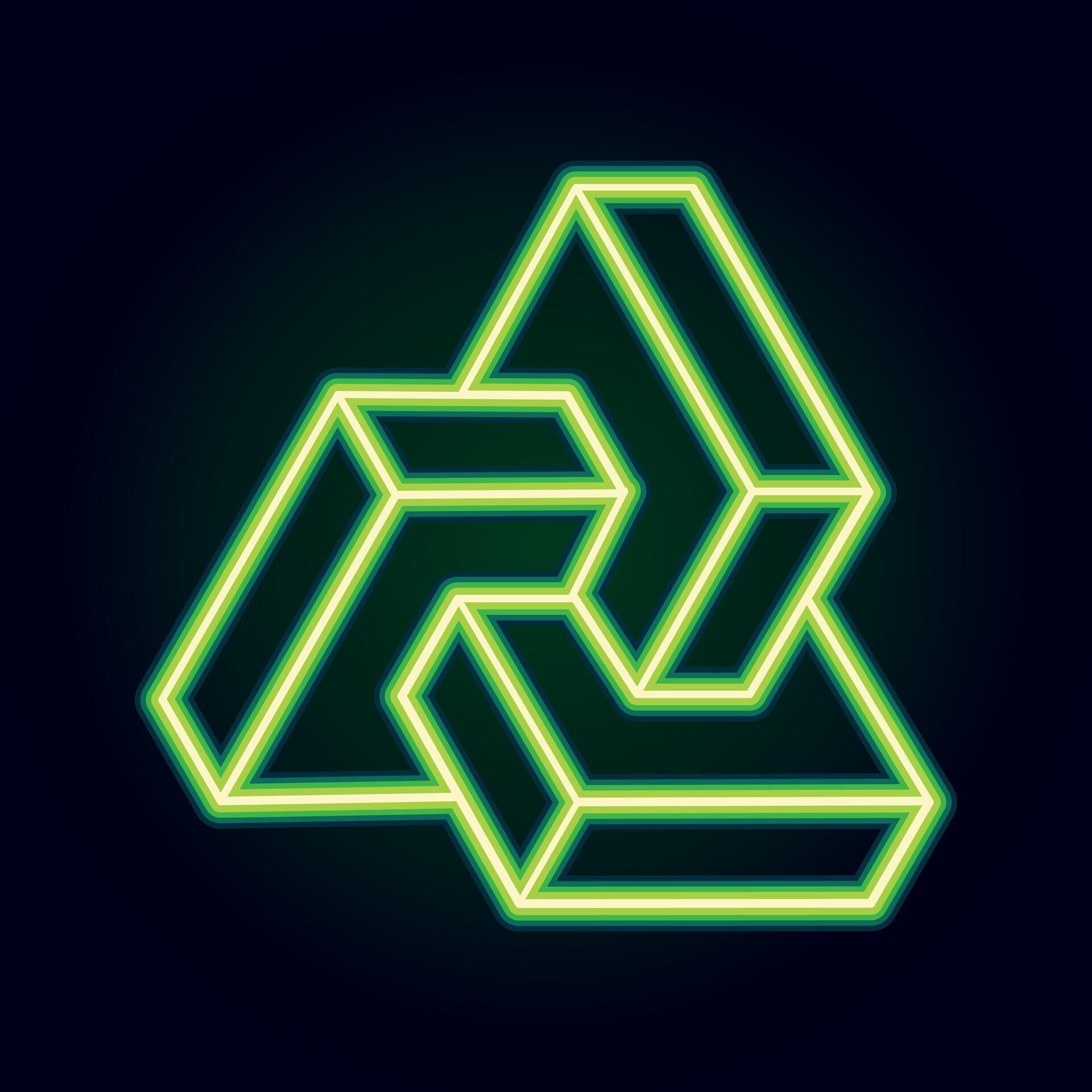 Neon green impossible triangle structure, blending futuristic design and optical illusion ...