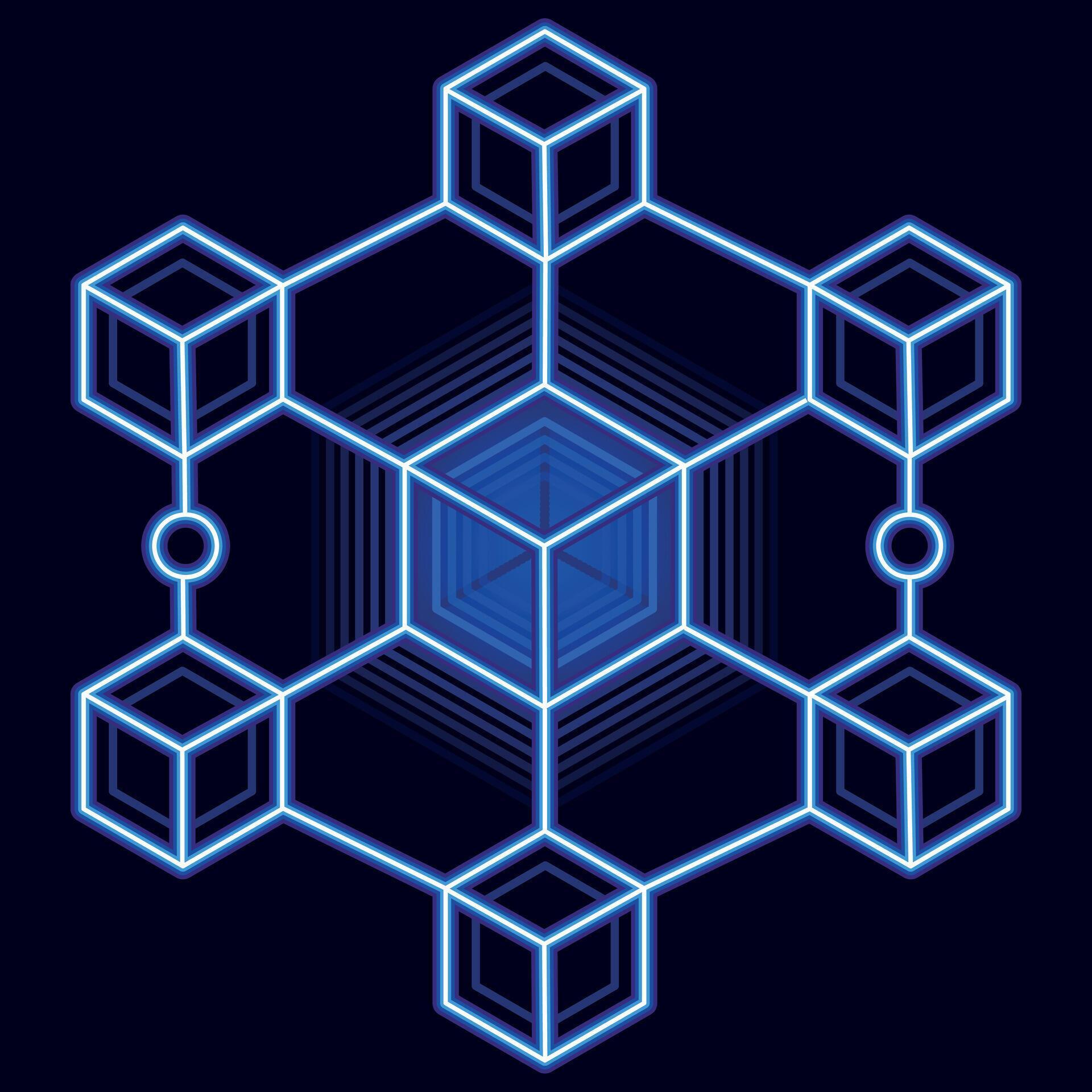 Neon blue blockchain cube network, symbolizing digital security ...