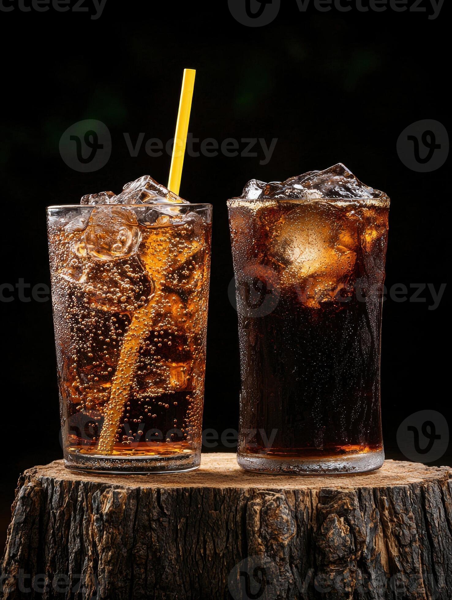 Two glasses of cola with ice on a tree stump 55849418 Stock Photo at Vecteezy
