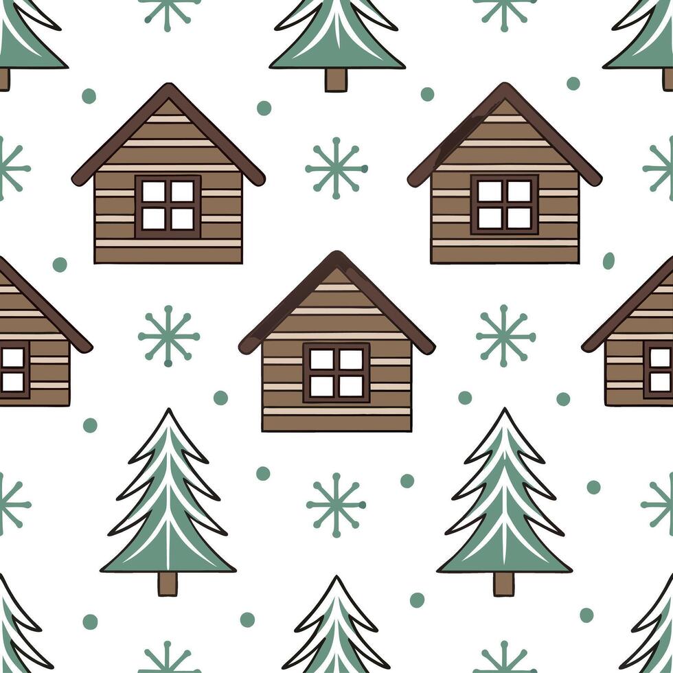 Clean Snowflake and winter cabin seamless tile pattern with cozy forest ...