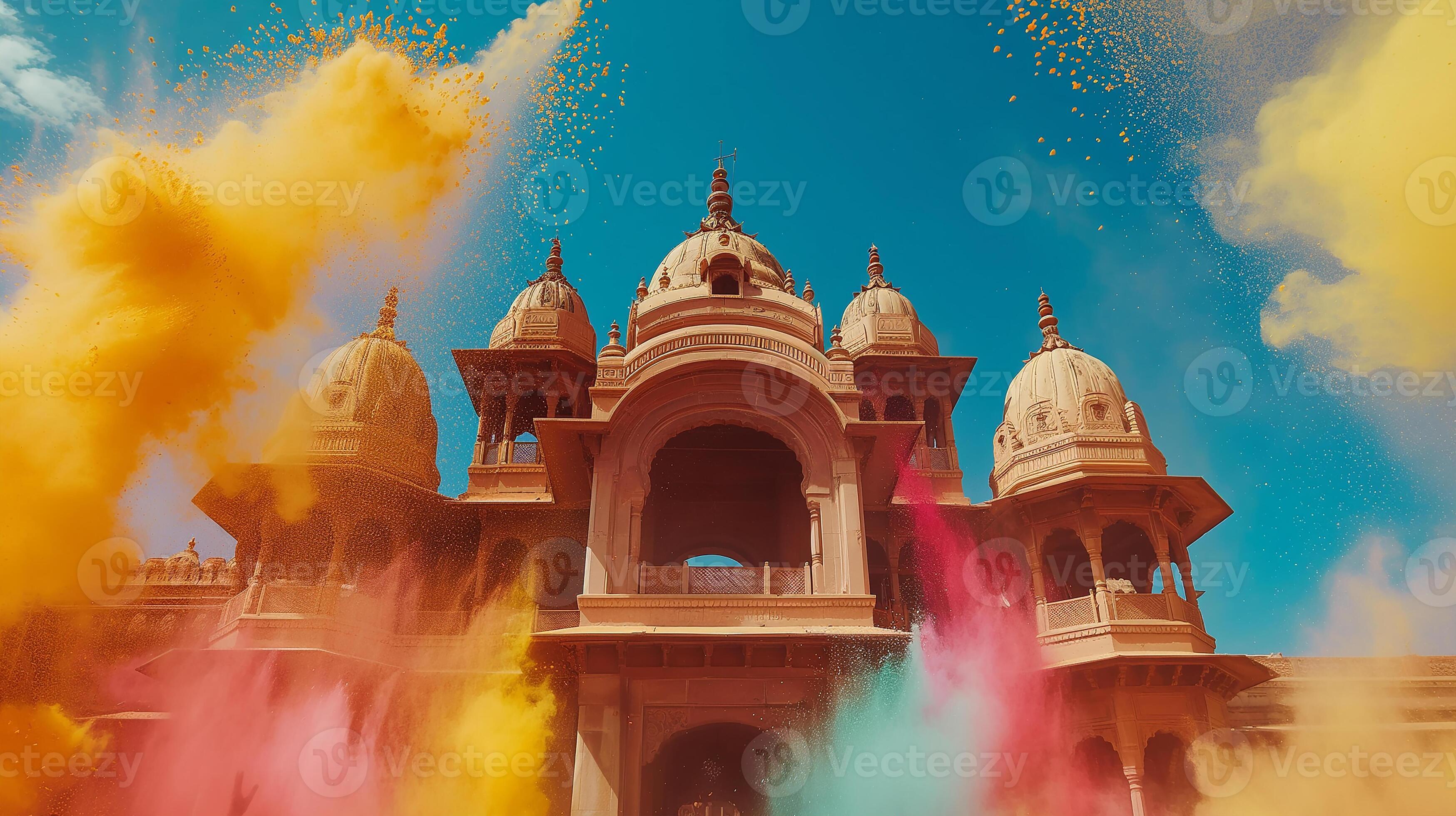 This Participants celebrate Holi by tossing colorful powders near beautiful architecture ...