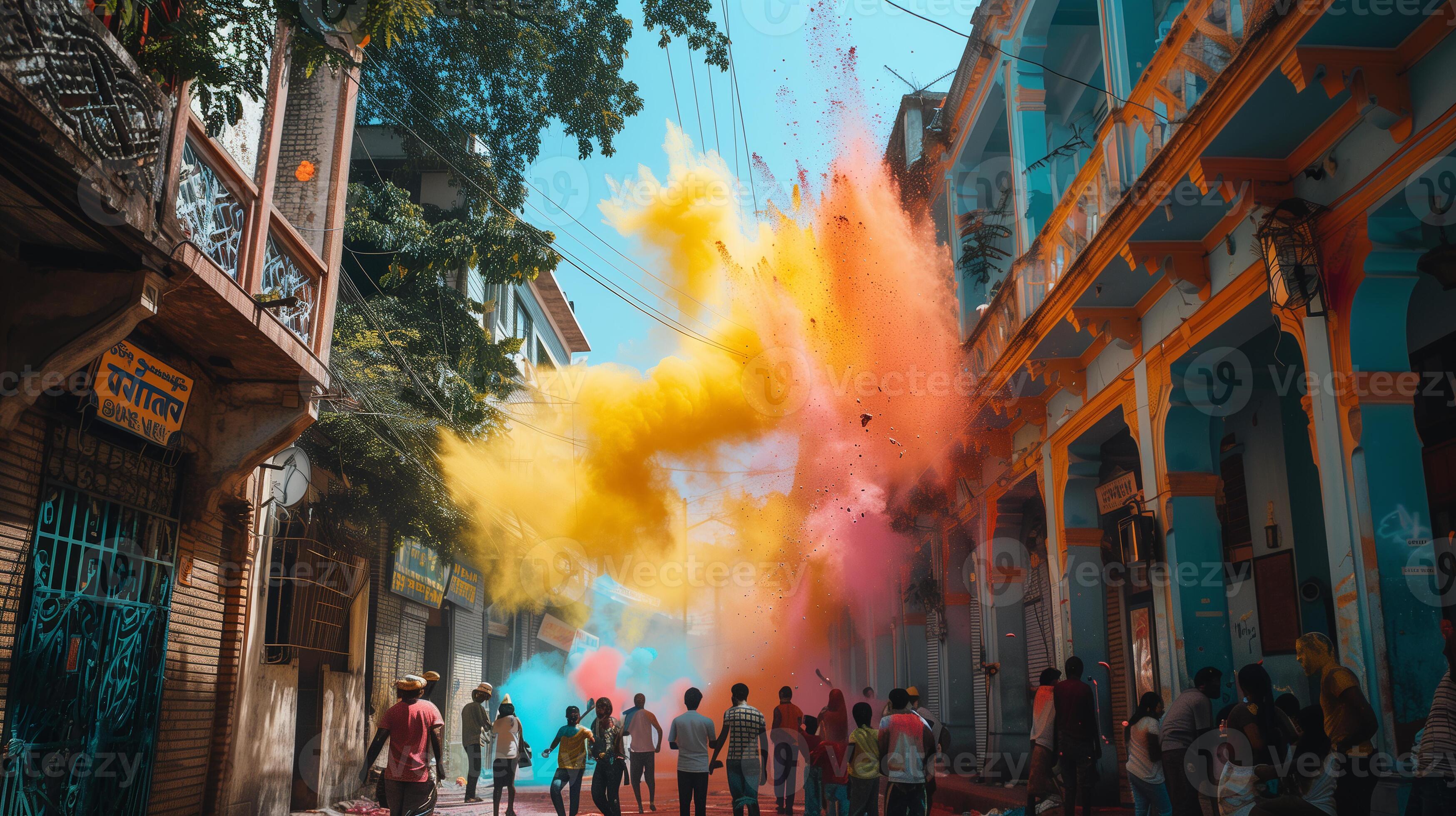 This Participants revel in Holi festivities as colorful powders explode in the air, creating joy ...