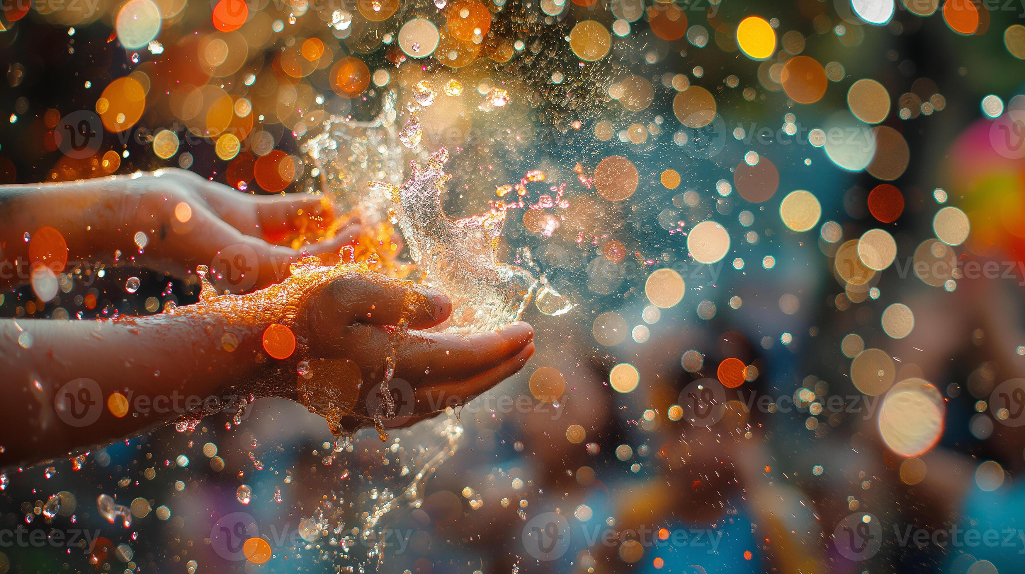 This Participants celebrate Holi by splashing colorful water, creating a festive atmosphere ...