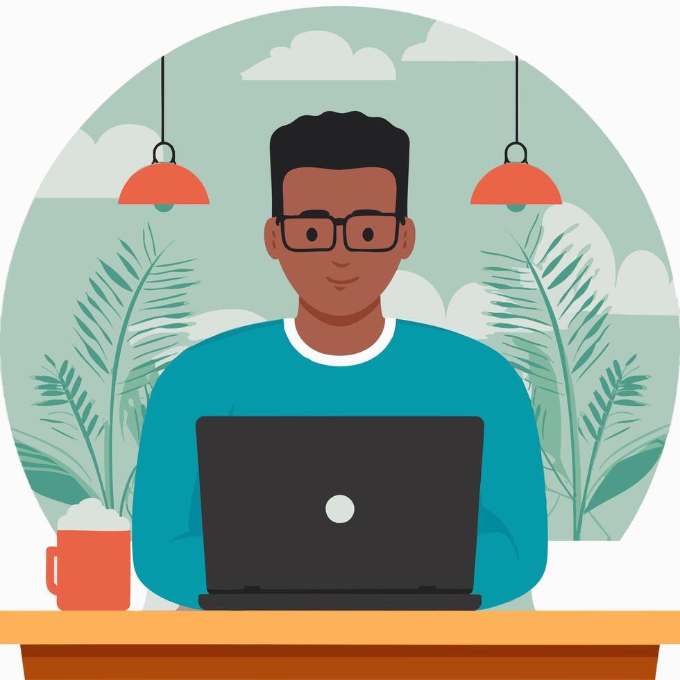 Developer coding on a laptop in a cafe 55912442 Vector Art at Vecteezy