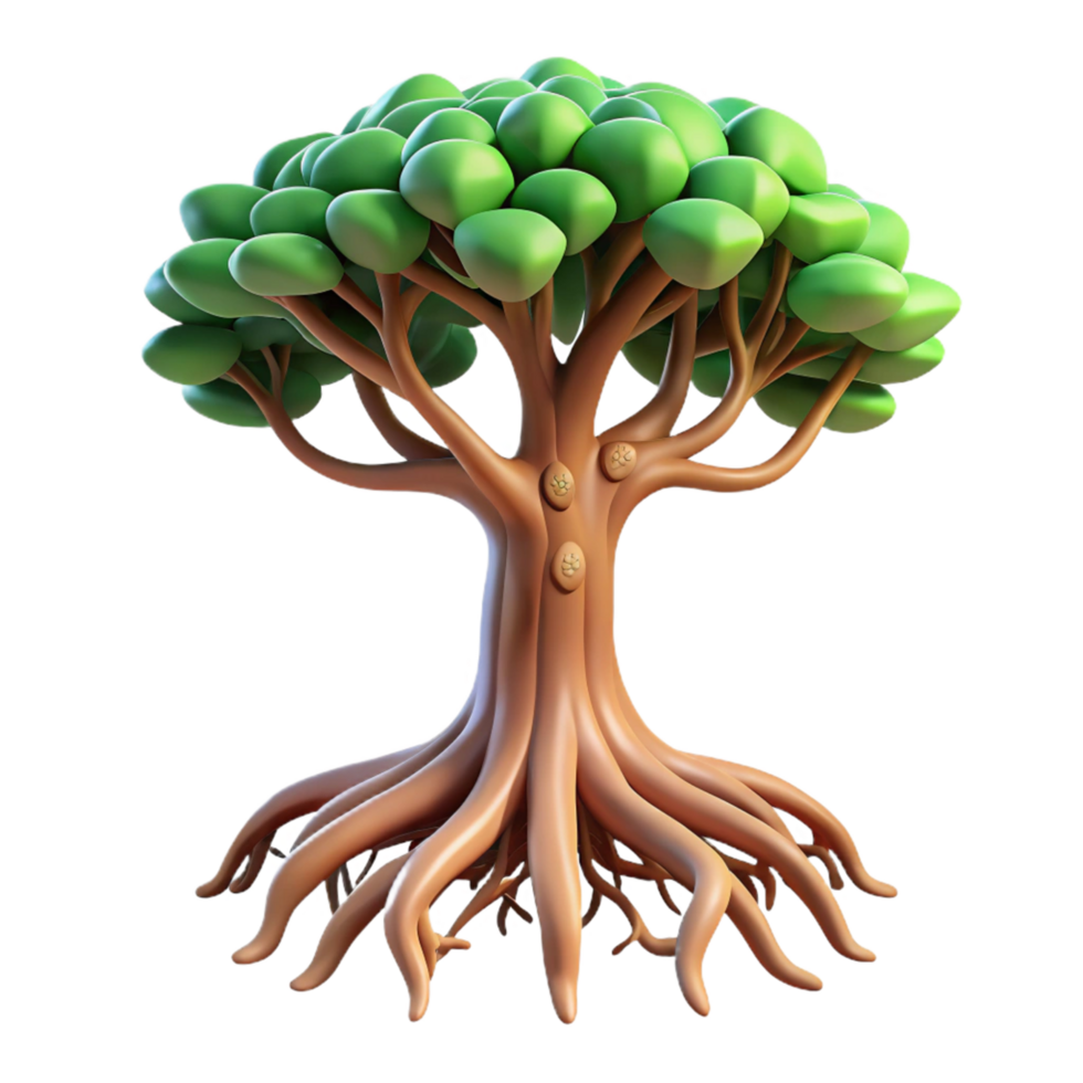 Stylized Cartoon Tree 3D Render of Lush Foliage and Extensive Root System 55919858 PNG