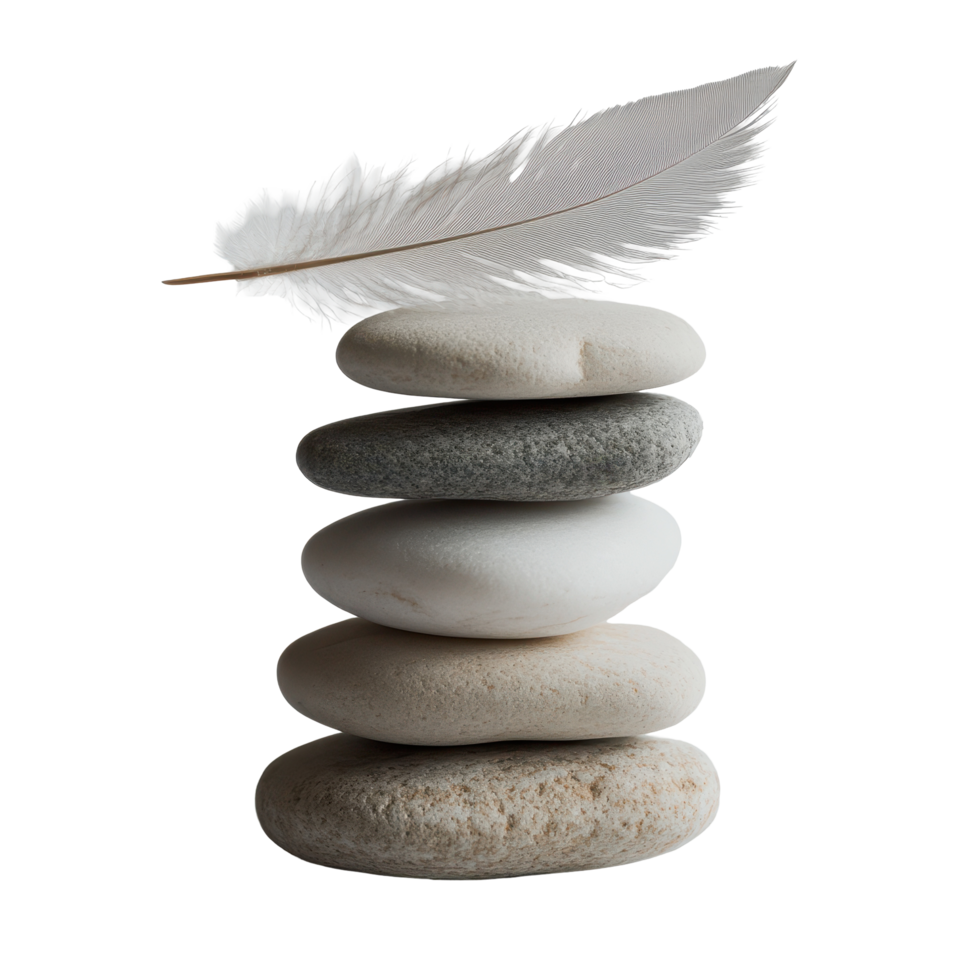 Stacked rocks with a delicate feather resting on top against a minimalist Transparent background ...