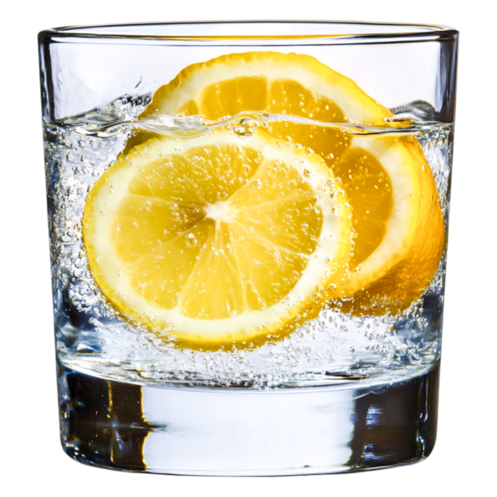 Refreshing Lemon Slice in Sparkling Water with Bubbles and Ice 55929804 PNG