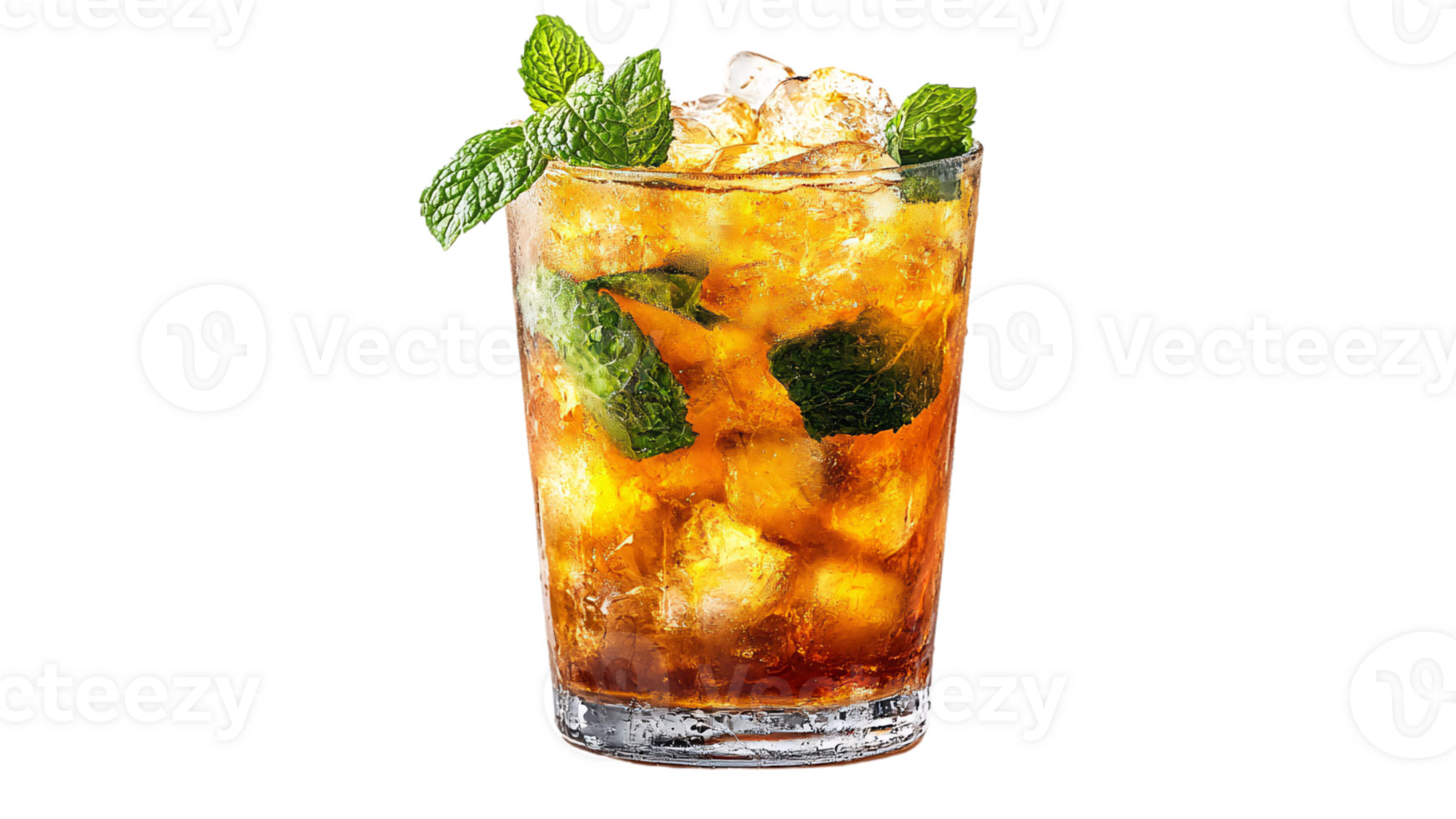 Tall glass filled with amber-colored drink, ice cubes, and fresh mint leaves, exuding a ...