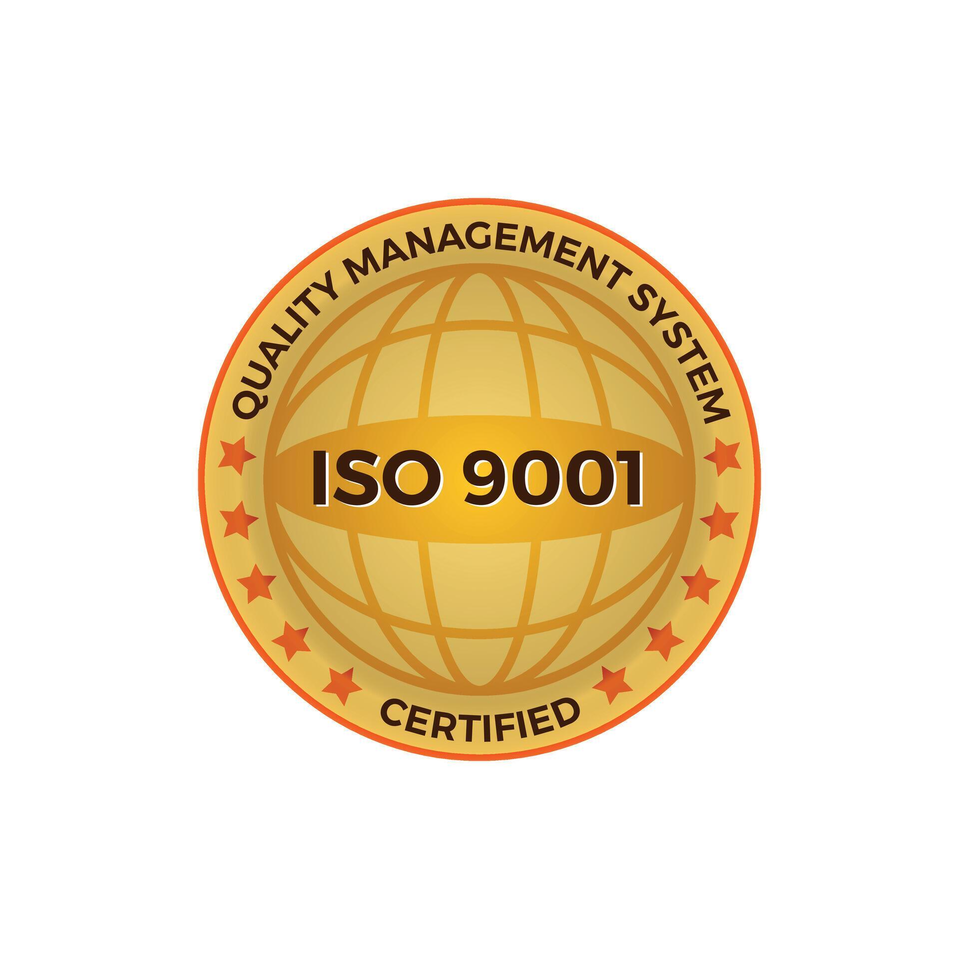ISO 9001 certified golden label, illustration. ISO 9001 standard certified icon on white ...
