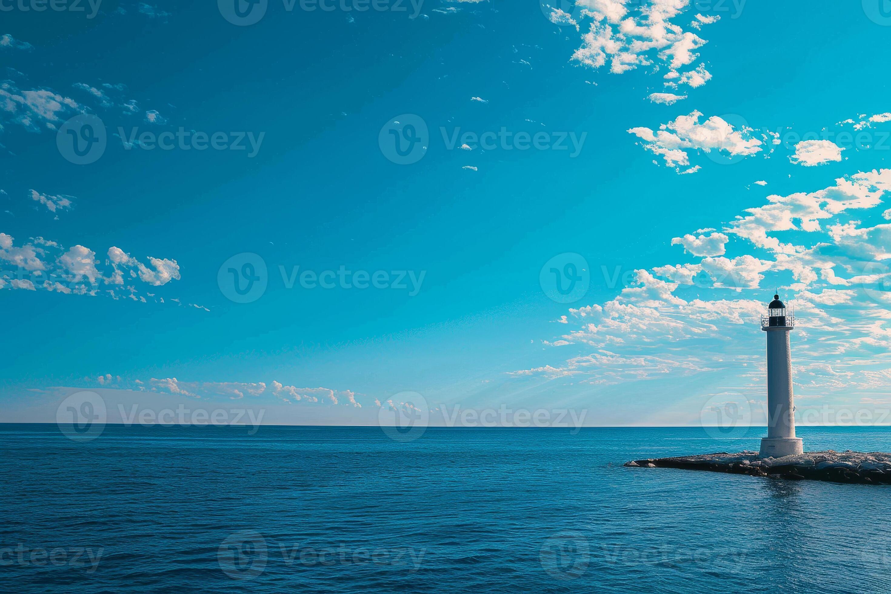 The lighthouse overlooks the tranquil sea, with gentle waves lapping at the rocks. The bright ...