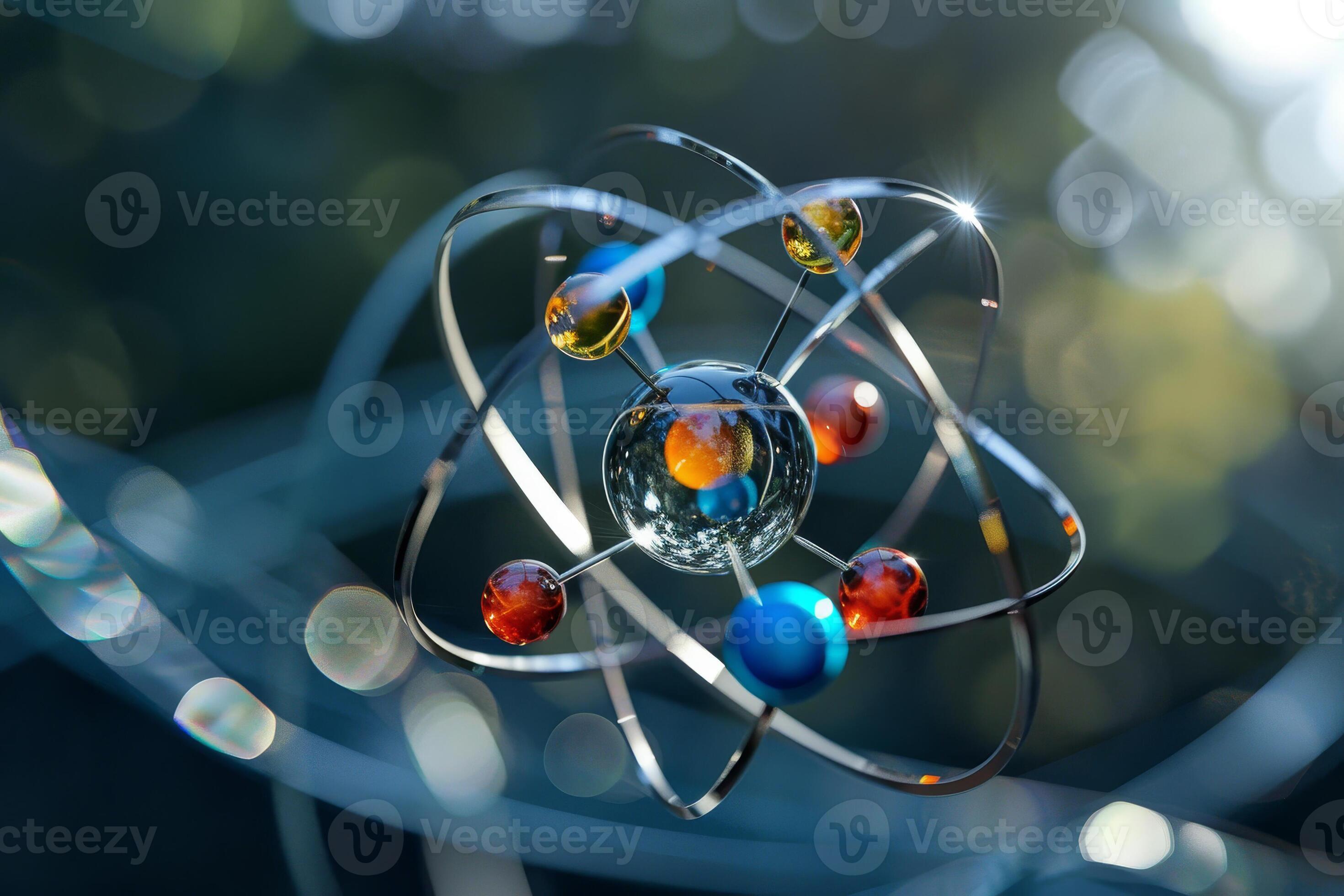 This artistic representation showcases an atom model with vibrant electrons revolving around a ...