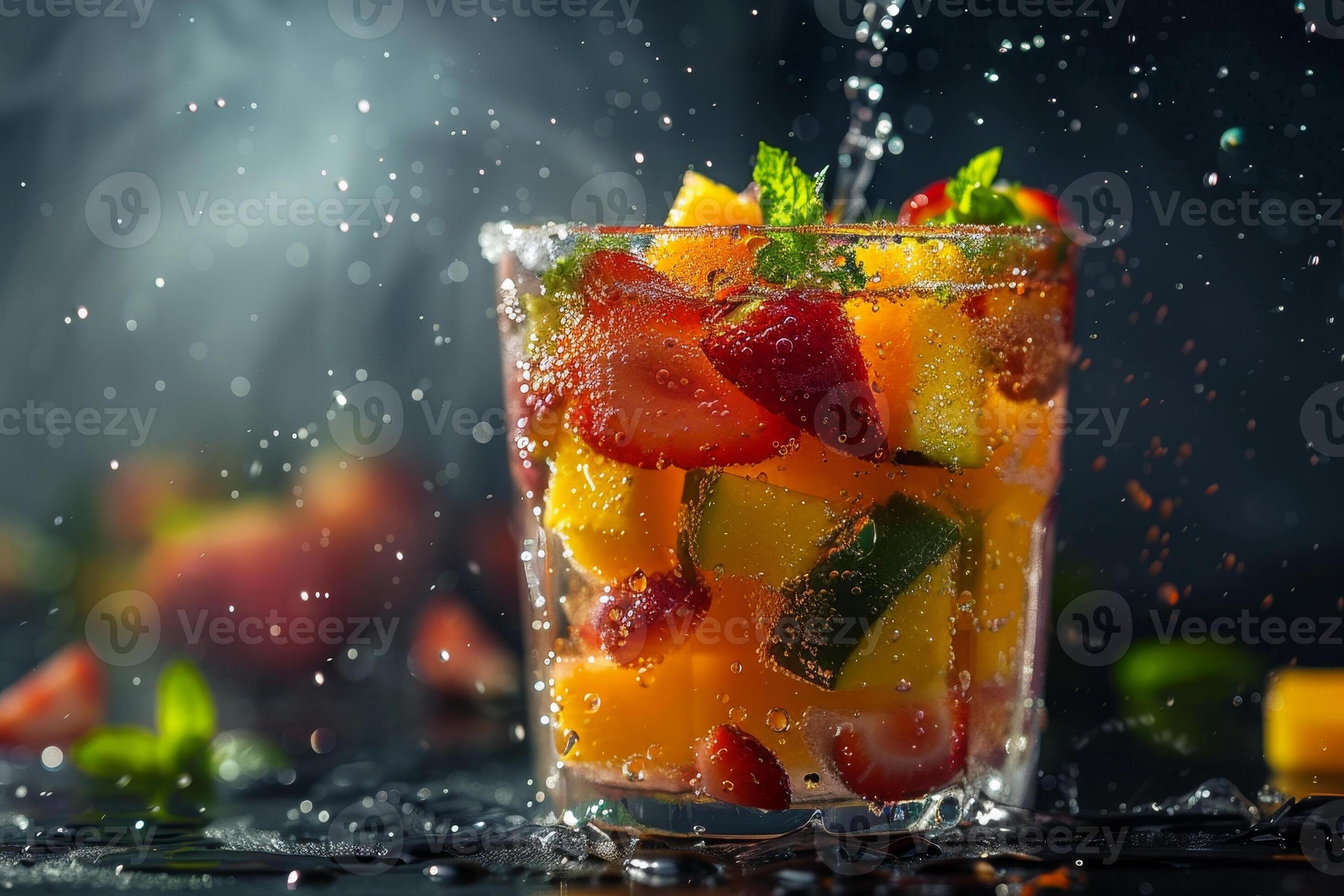 A vibrant cocktail made with fresh fruits sits in a glass, enhanced by bubbles and splashes of ...