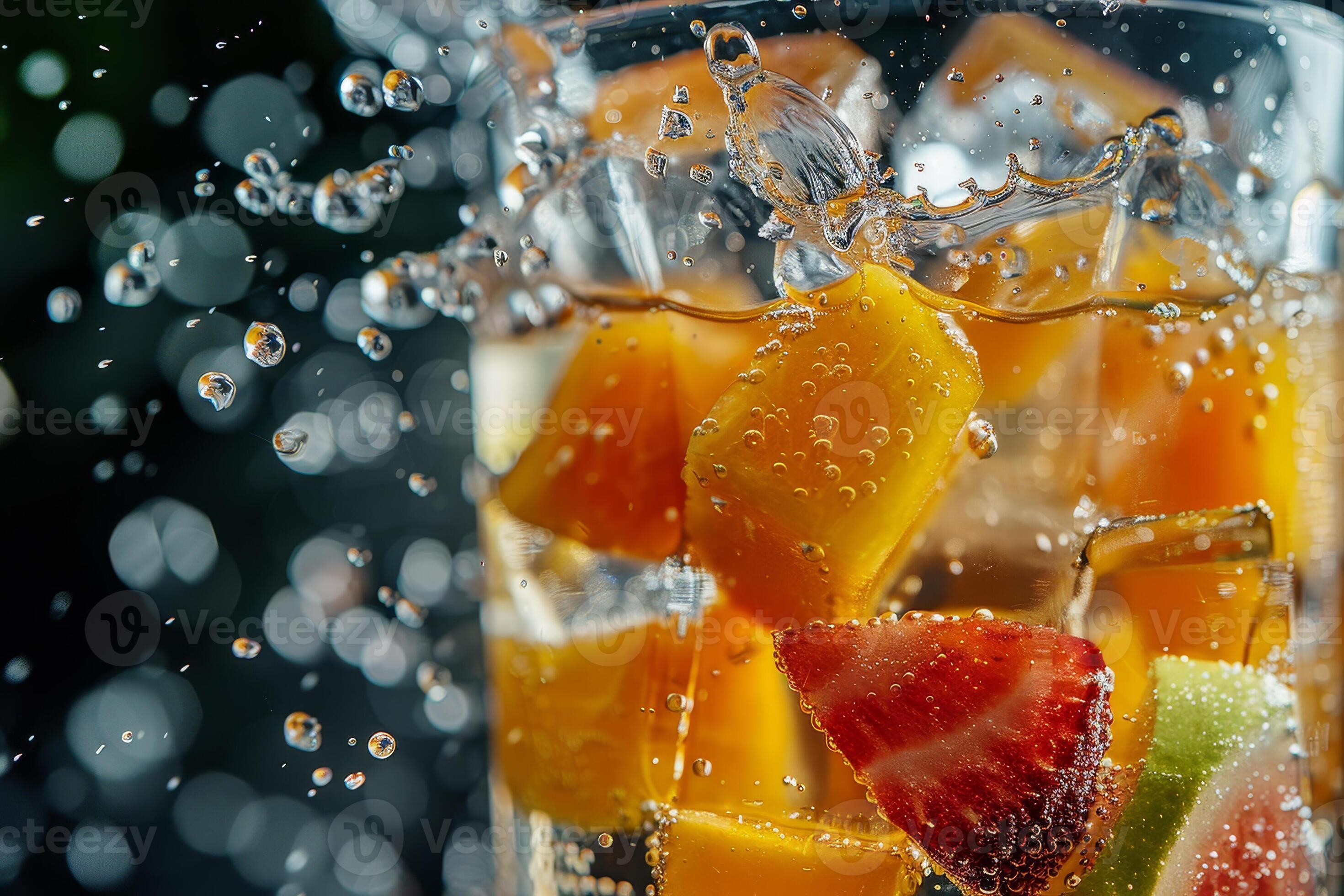 A refreshing glass filled with various chopped fruits like mango and strawberry sits in ...