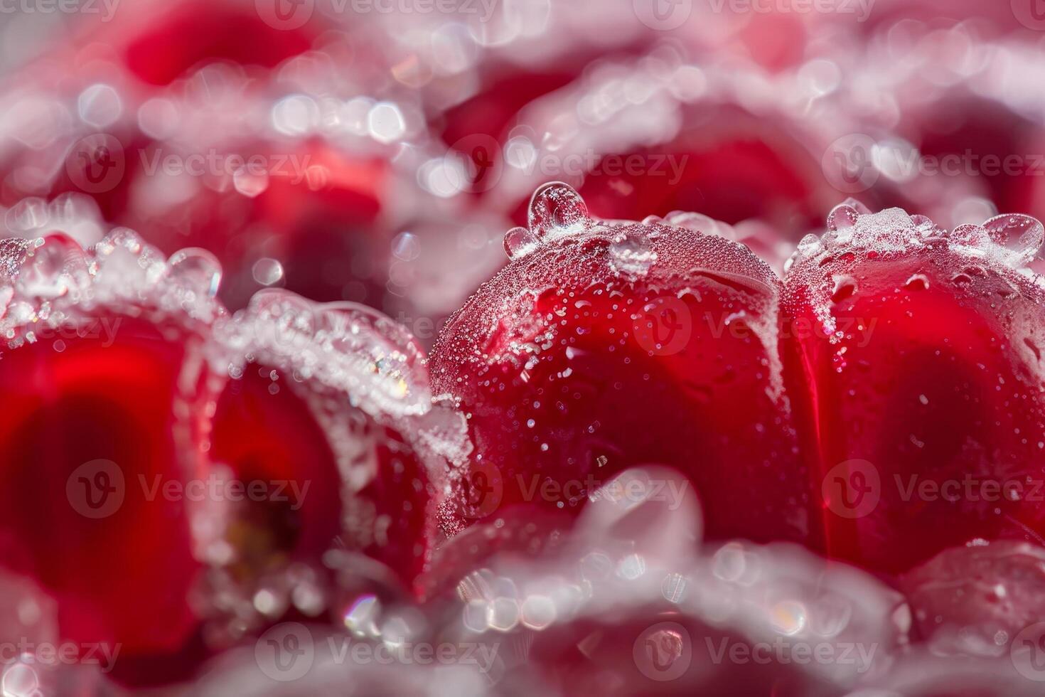 Lively red cherries float in sparkling water, their surfaces glistening with tiny bubbles ...