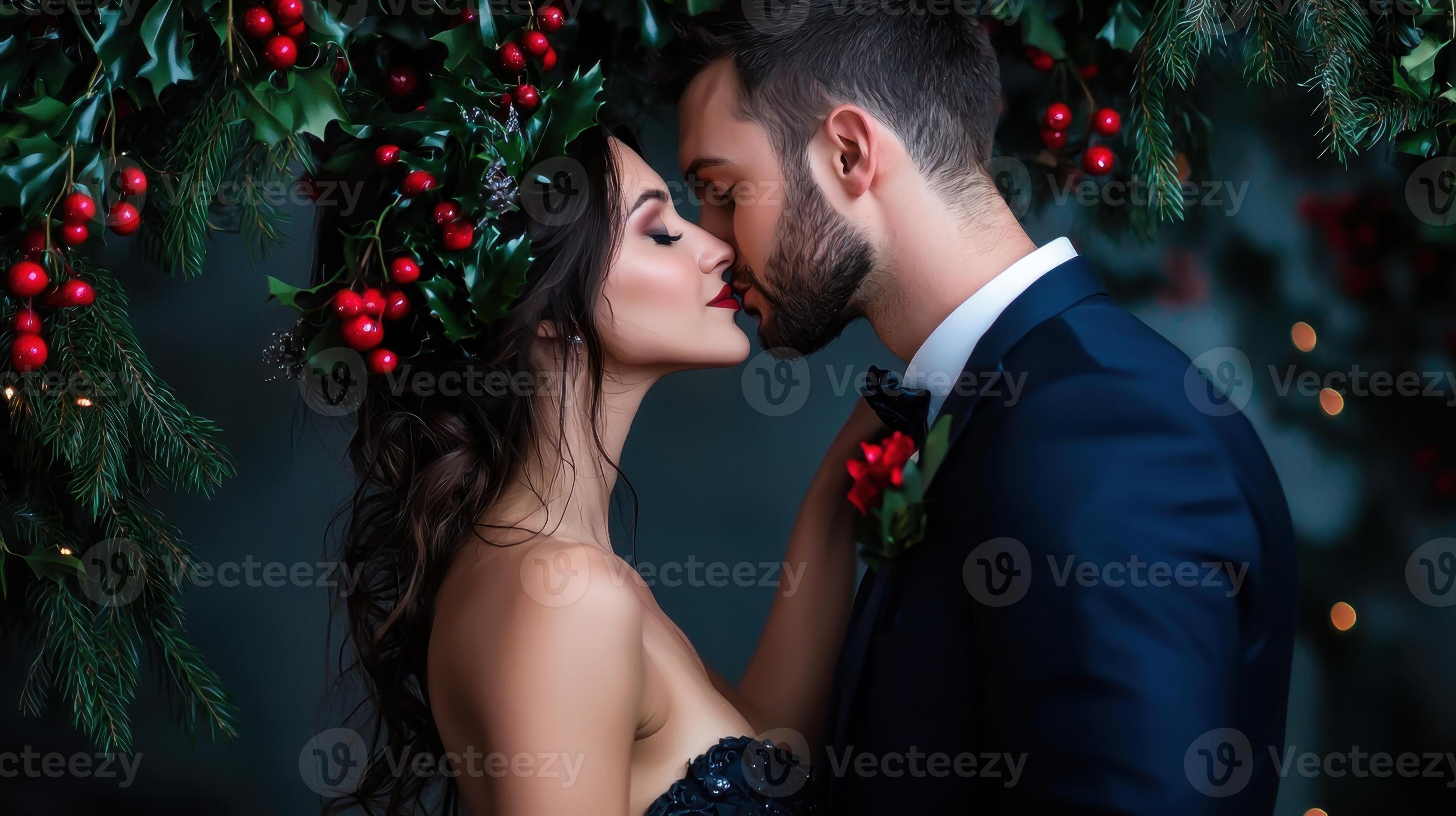 A man and woman are kissing in front of a Christmas tree 55951628 Stock Photo at Vecteezy