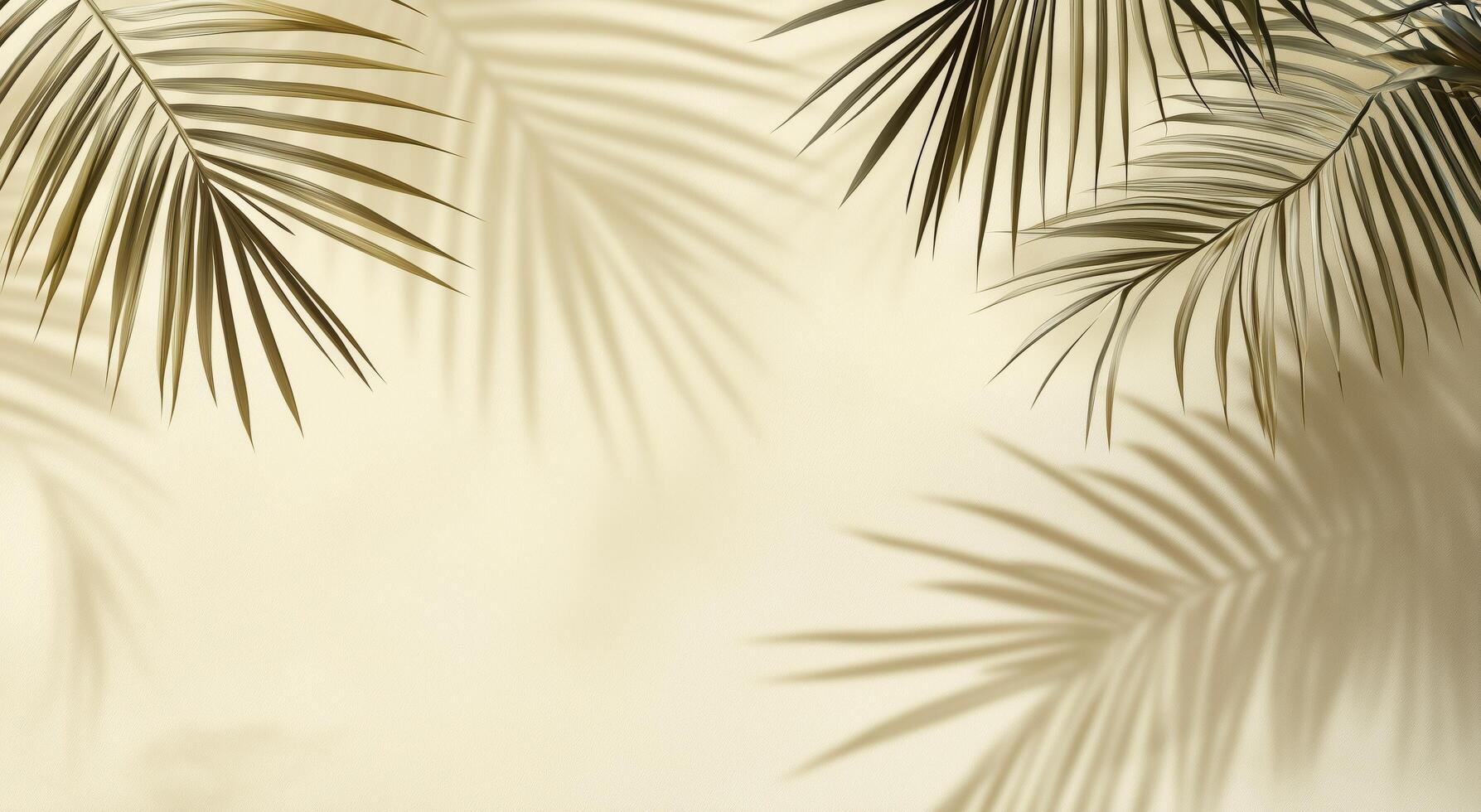 Lush palm leaves cast gentle shadows on a light background in a ... Lush palm leaves cast gentle shadows on a light background in a ...
