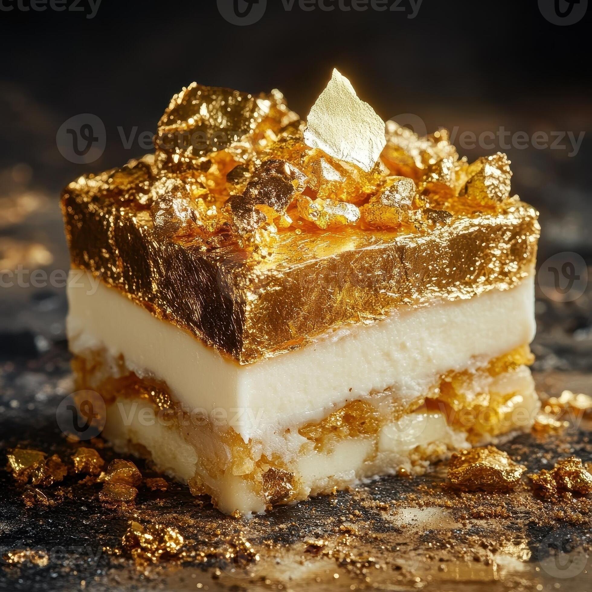 A decadent cake slice is covered with golden flakes 55974281 Stock ...