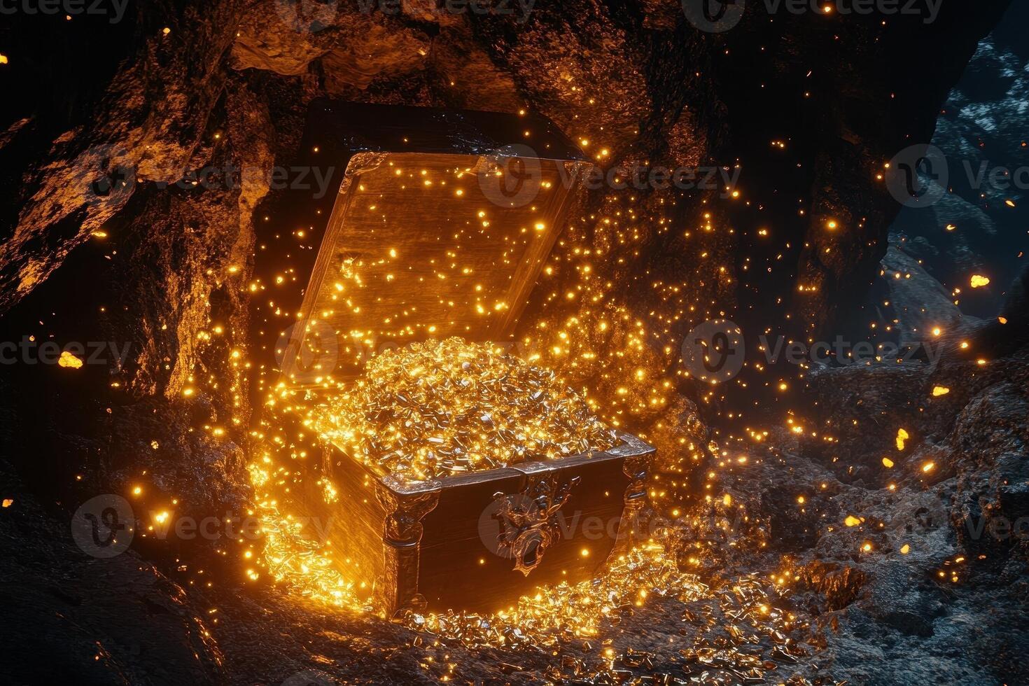 A treasure chest overflowing with glittering gold inside dark cave 55977661 Stock Photo at Vecteezy