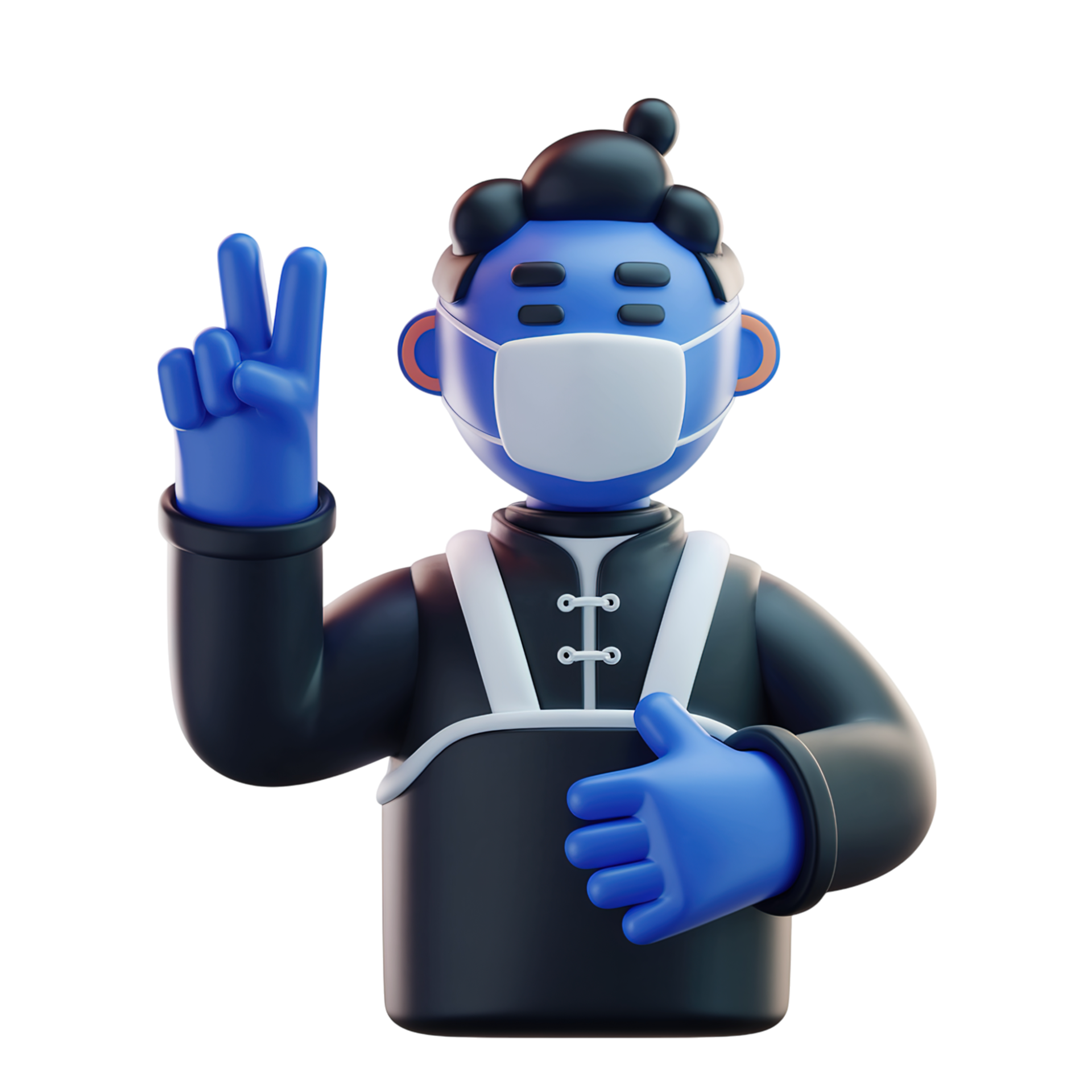 3D Cartoon Character Peace Sign Mask Blue Outfit Man Boy Icon Care Hope Model 55986785 PNG