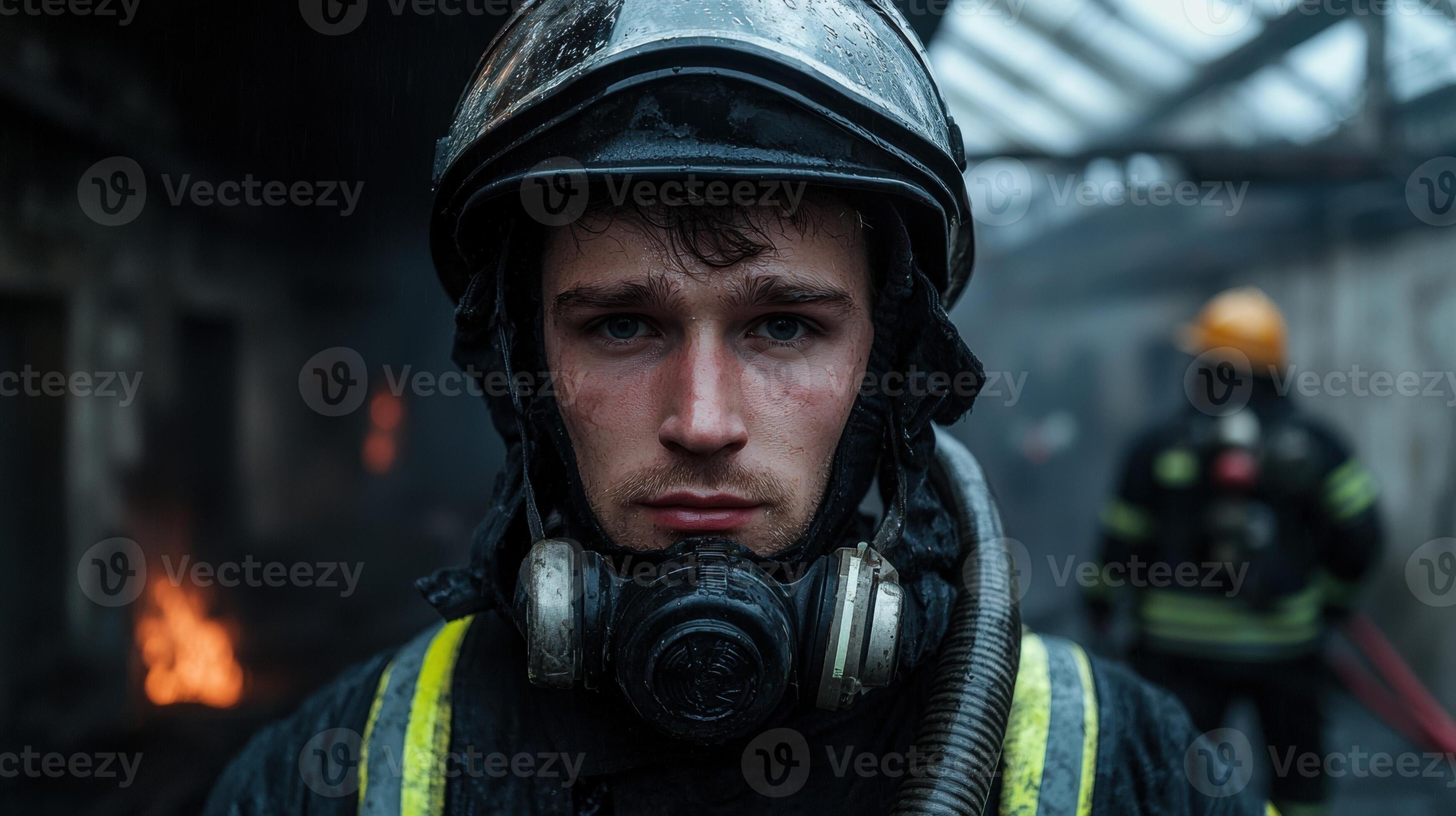A firefighter in full gear stands ready in a smoky environment 55988528 ...