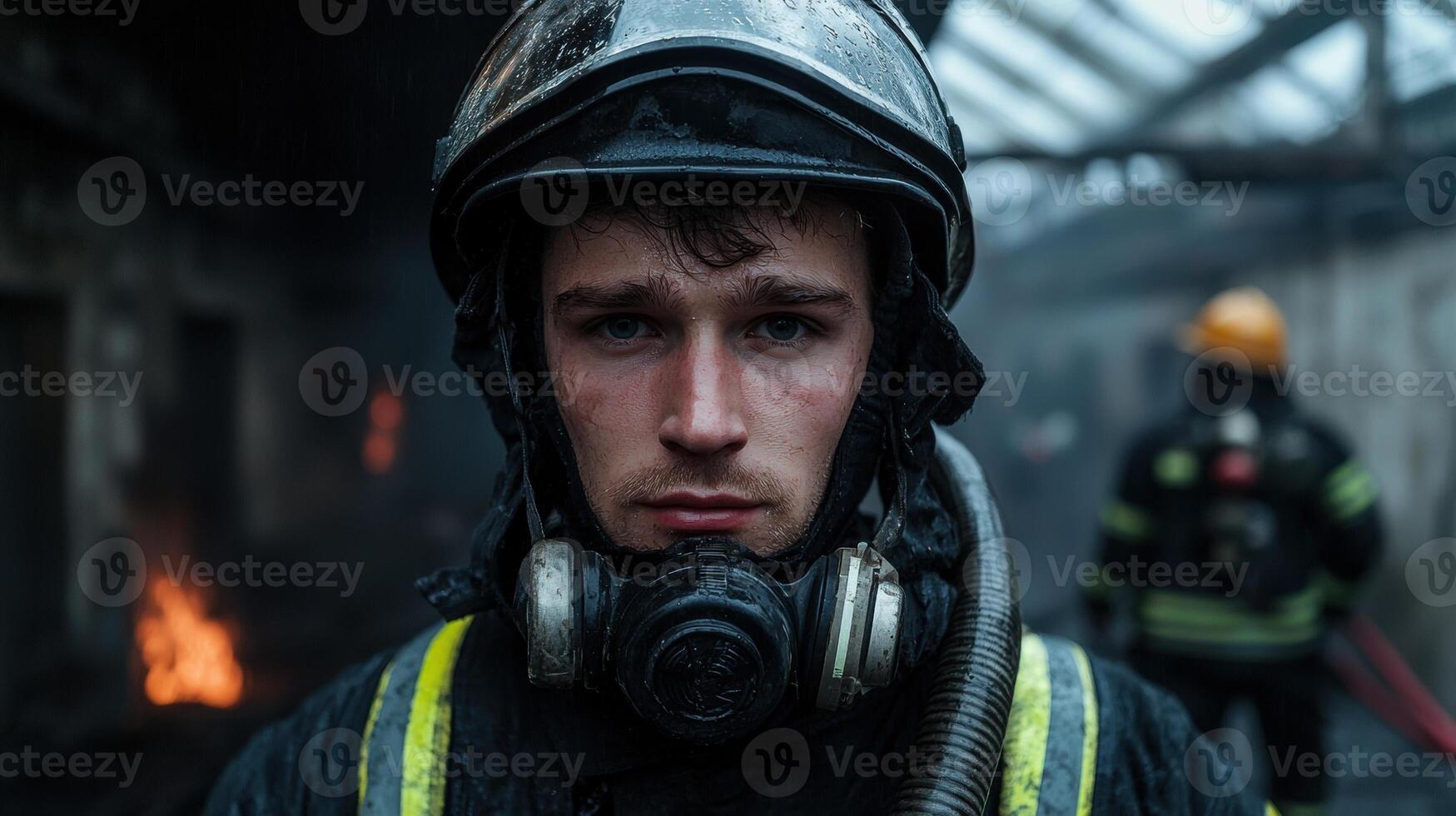 A firefighter in full gear stands ready in a smoky environment 55988528 ...