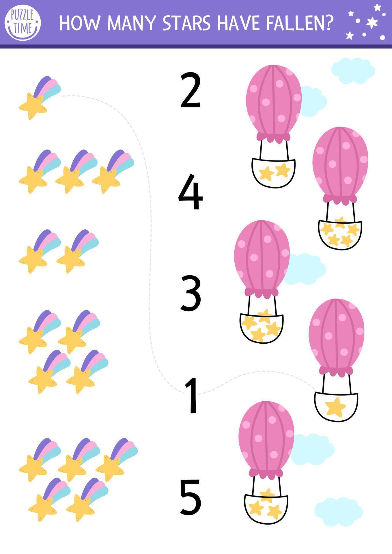 Match the numbers unicorn game with fallen stars and hot air balloon ...