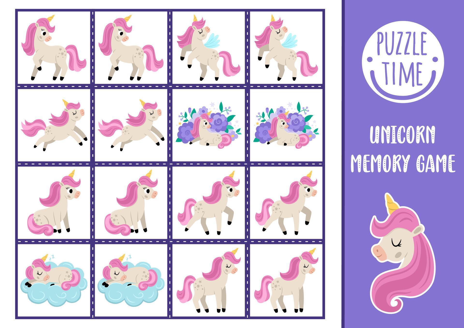 unicorn memory game cards. Magic, fantasy world matching activity. Remember and find correct ...