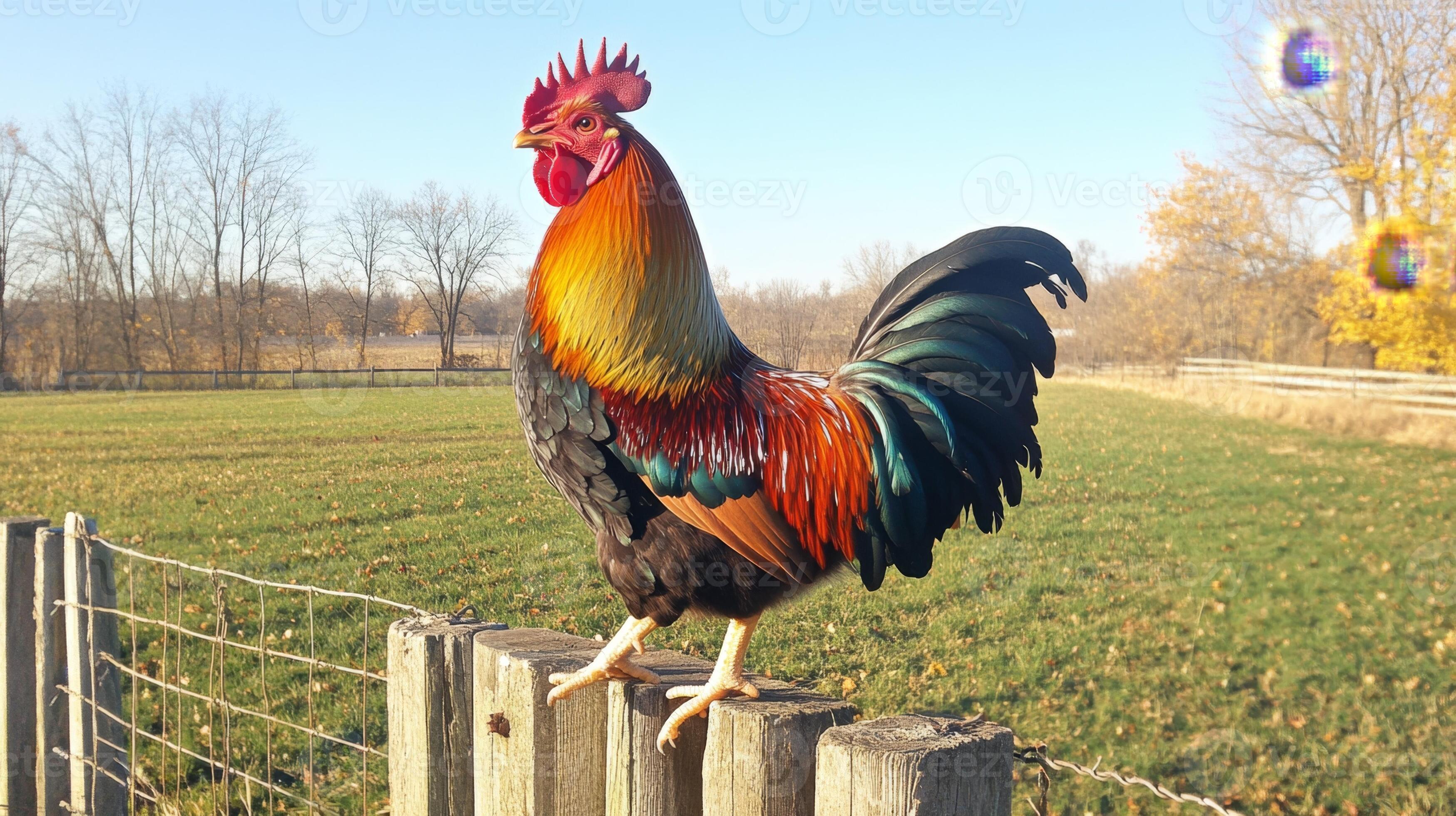Majestic Rooster on a Farm Fence 56048229 Stock Photo at Vecteezy