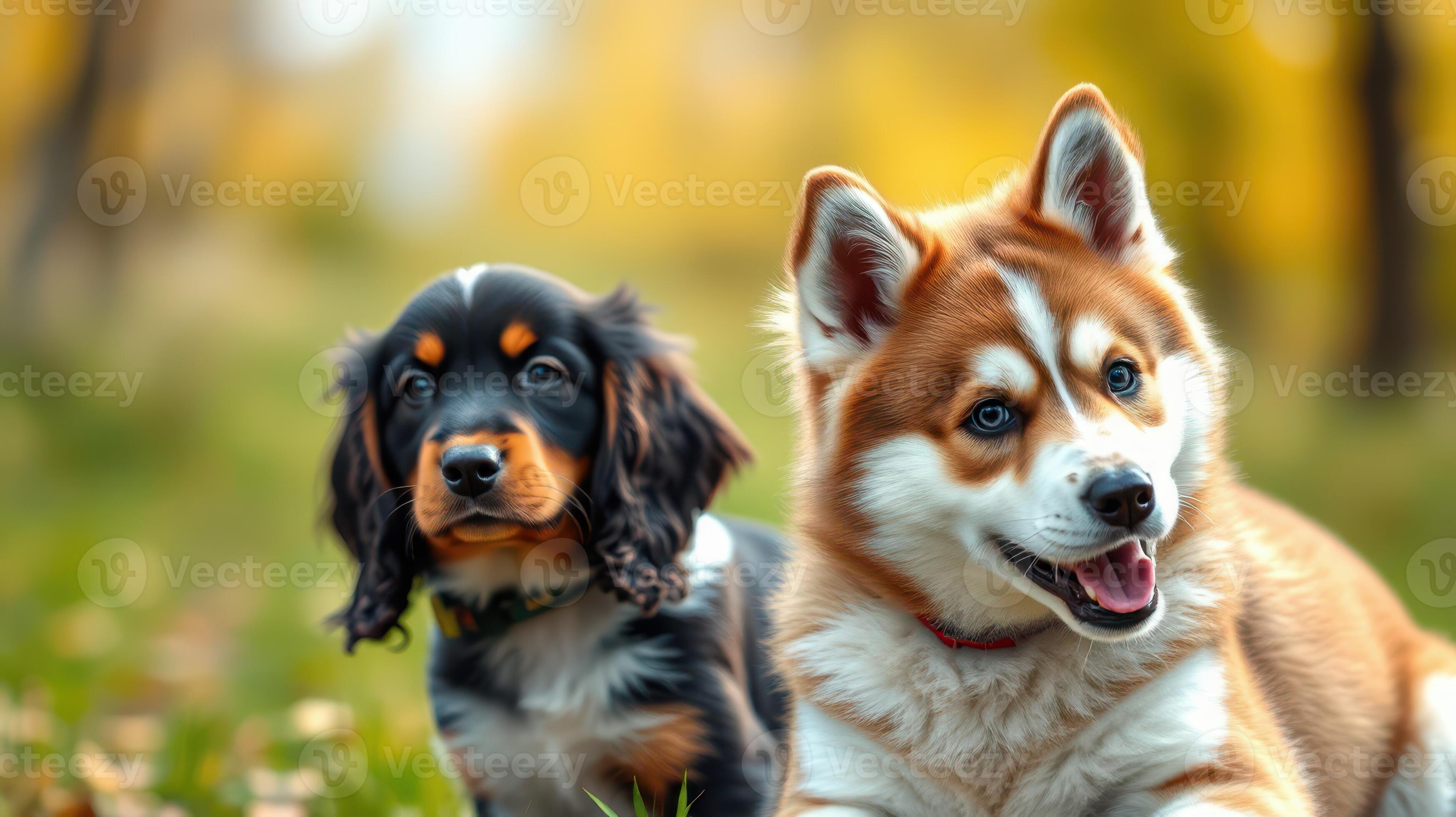 Two playful puppies enjoying a sunny day in a park filled with colorful leaves 56064589 Stock ...