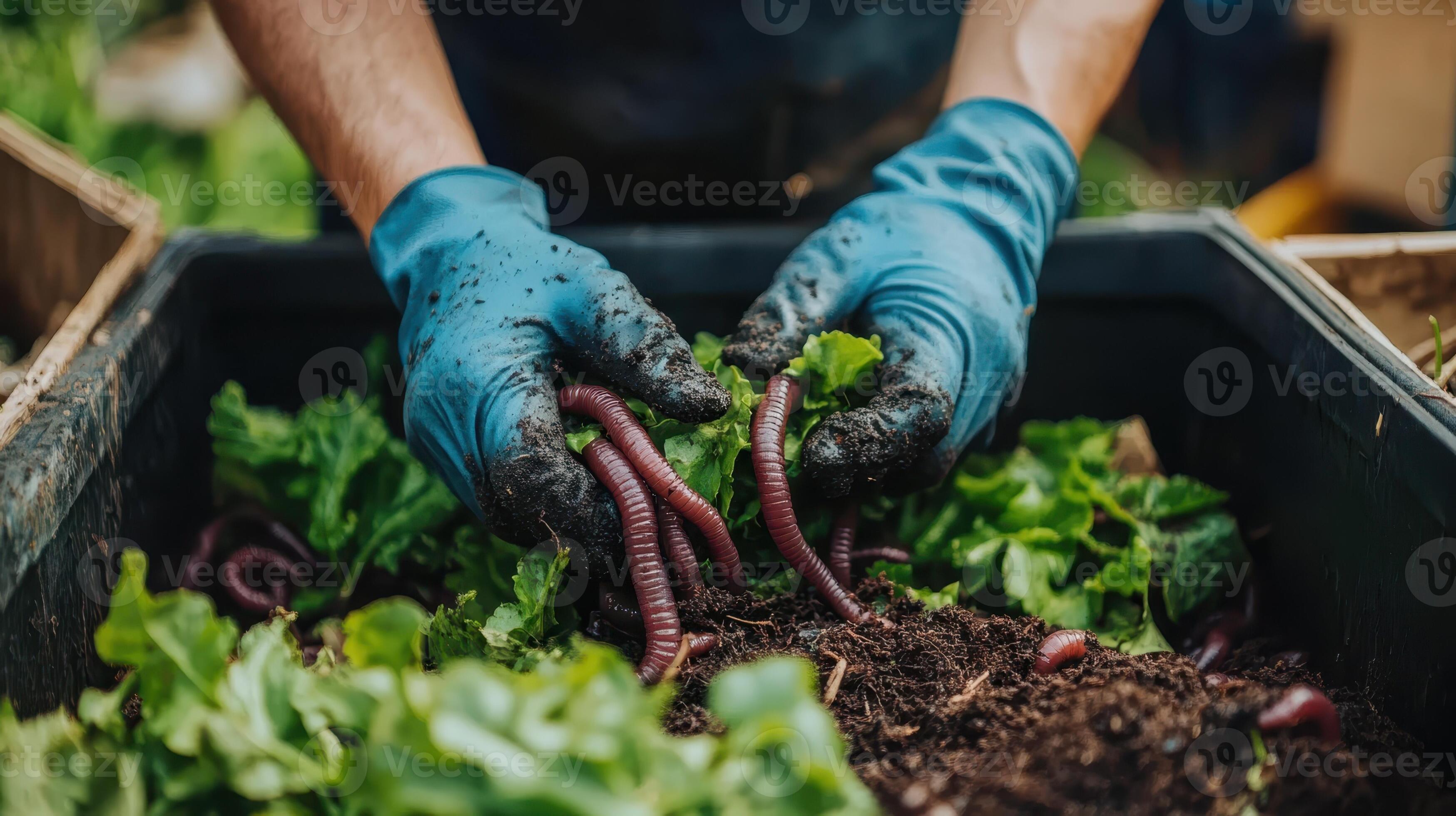 Farmer placing red worms into composting bin to improve soil health and ...