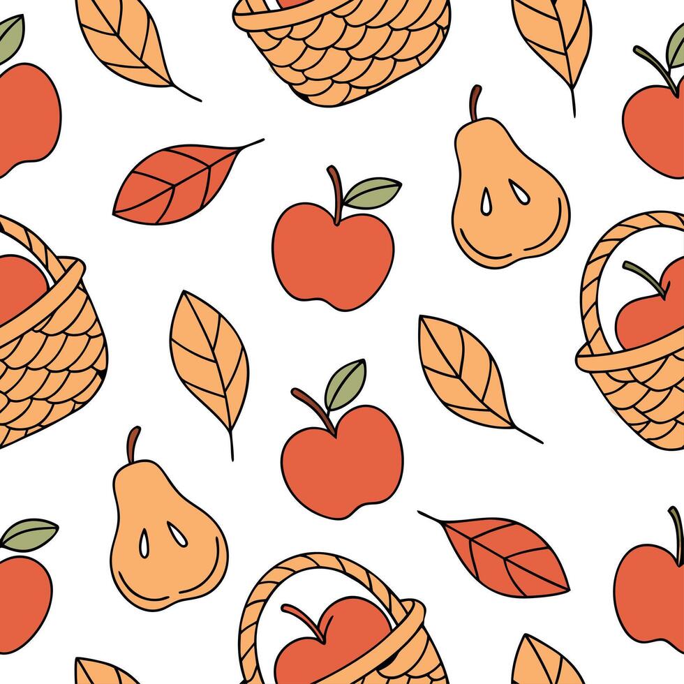 Autumn harvest seamless pattern with ripe apples pears and baskets for ...