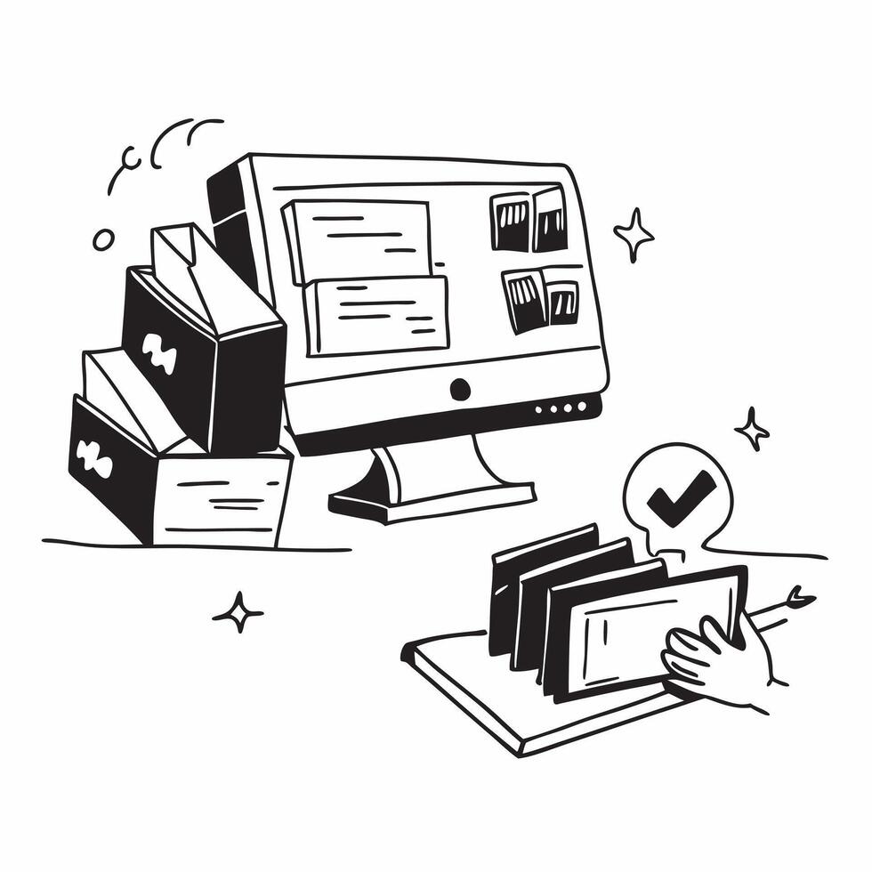 Librarian cataloging books on a glossy computer in a library concept as ...