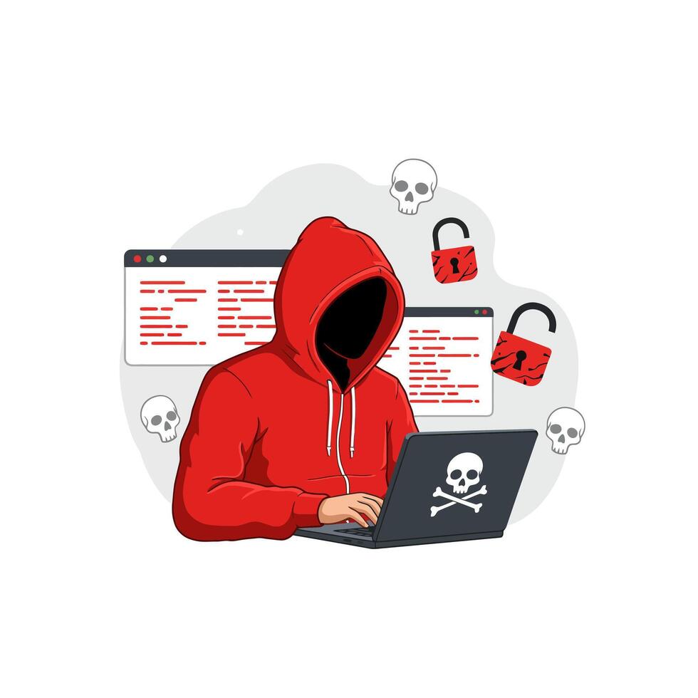 Cyber Hacker Red Hoodie Laptop Computer Security Threat 56078345 Vector Art at Vecteezy