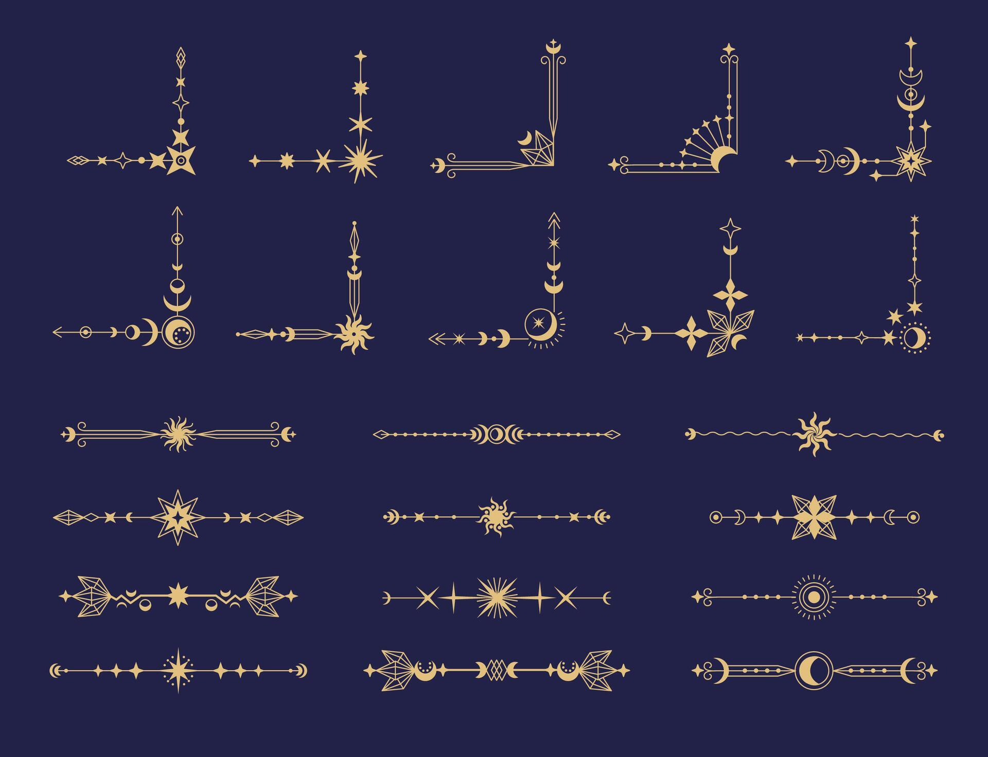 Magic frame corners. Tarot card abstract boho mystic decorative elements for card border ...