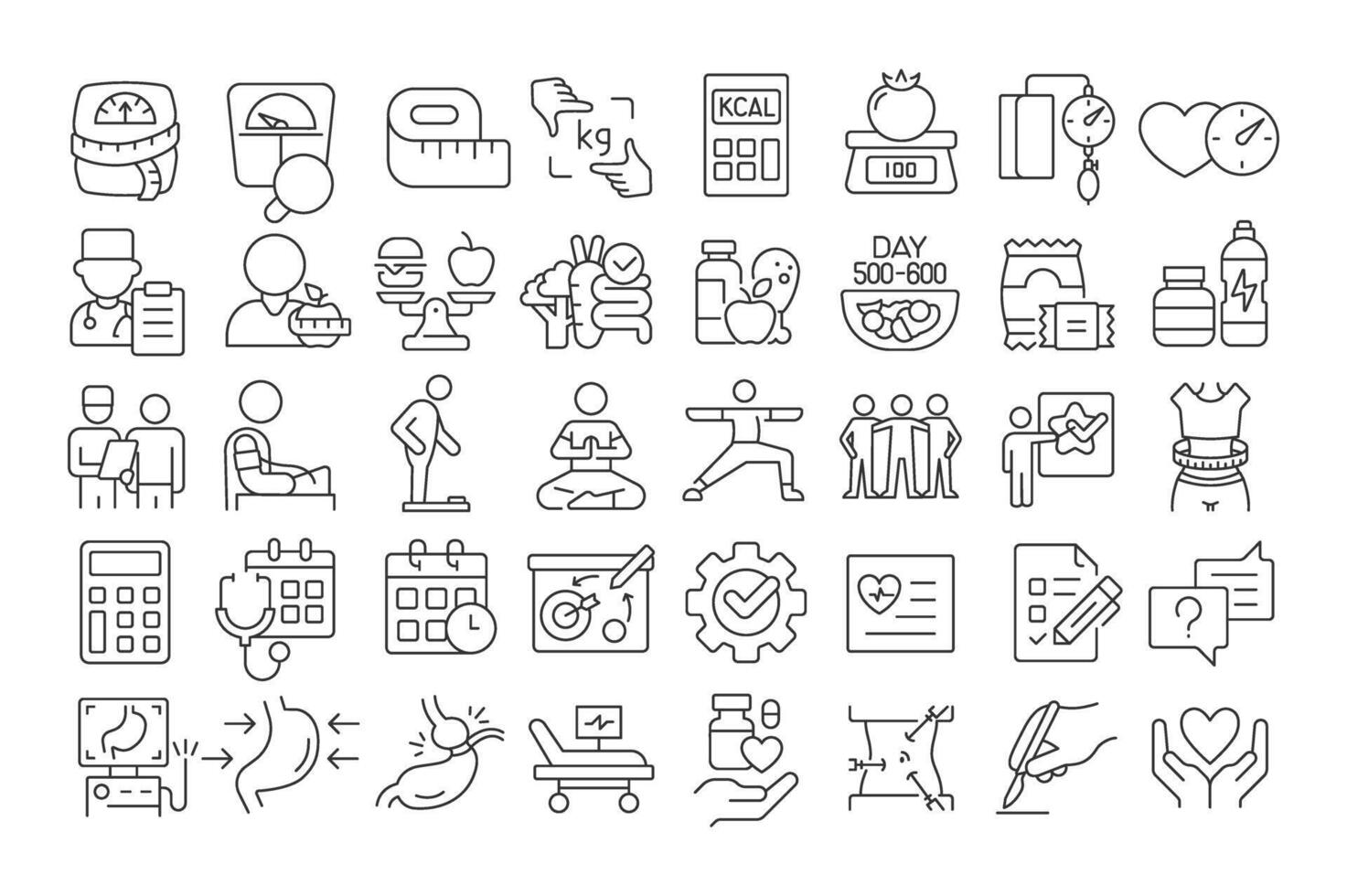 Weight management linear icons set. Healthy food. Nutrition, diet ...