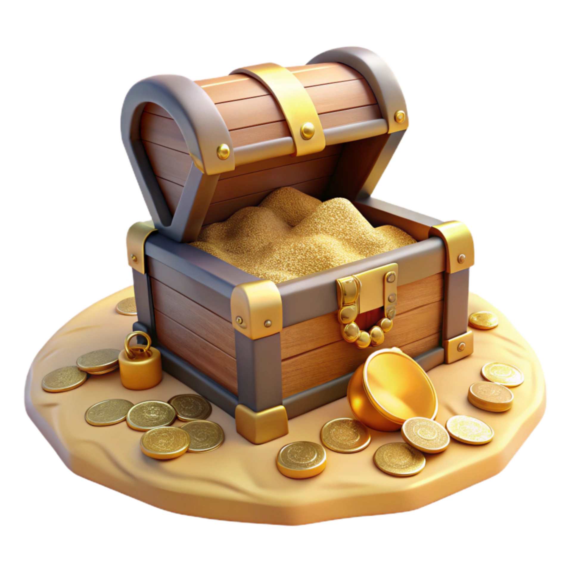 Open Treasure Chest with Gold Coins and Sand 56086349 PNG