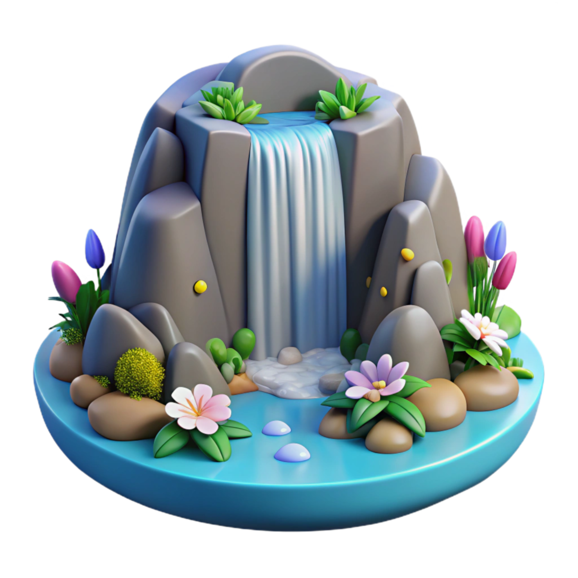 Enchanted Waterfall 3D Render Spring Flowers, Rocks, and Cascading Water 56091698 PNG