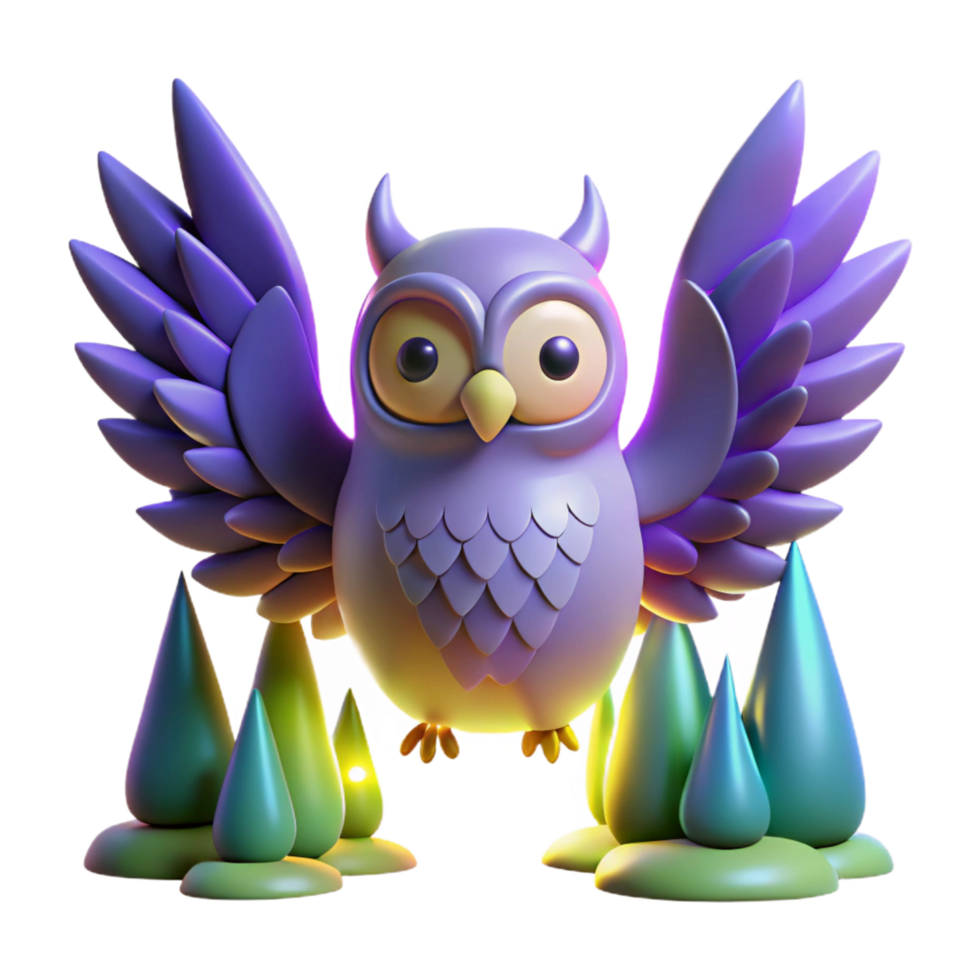 3D Render of a Cute Purple Owl with Wings in Flight Over Green Conical Hills 56094531 PNG