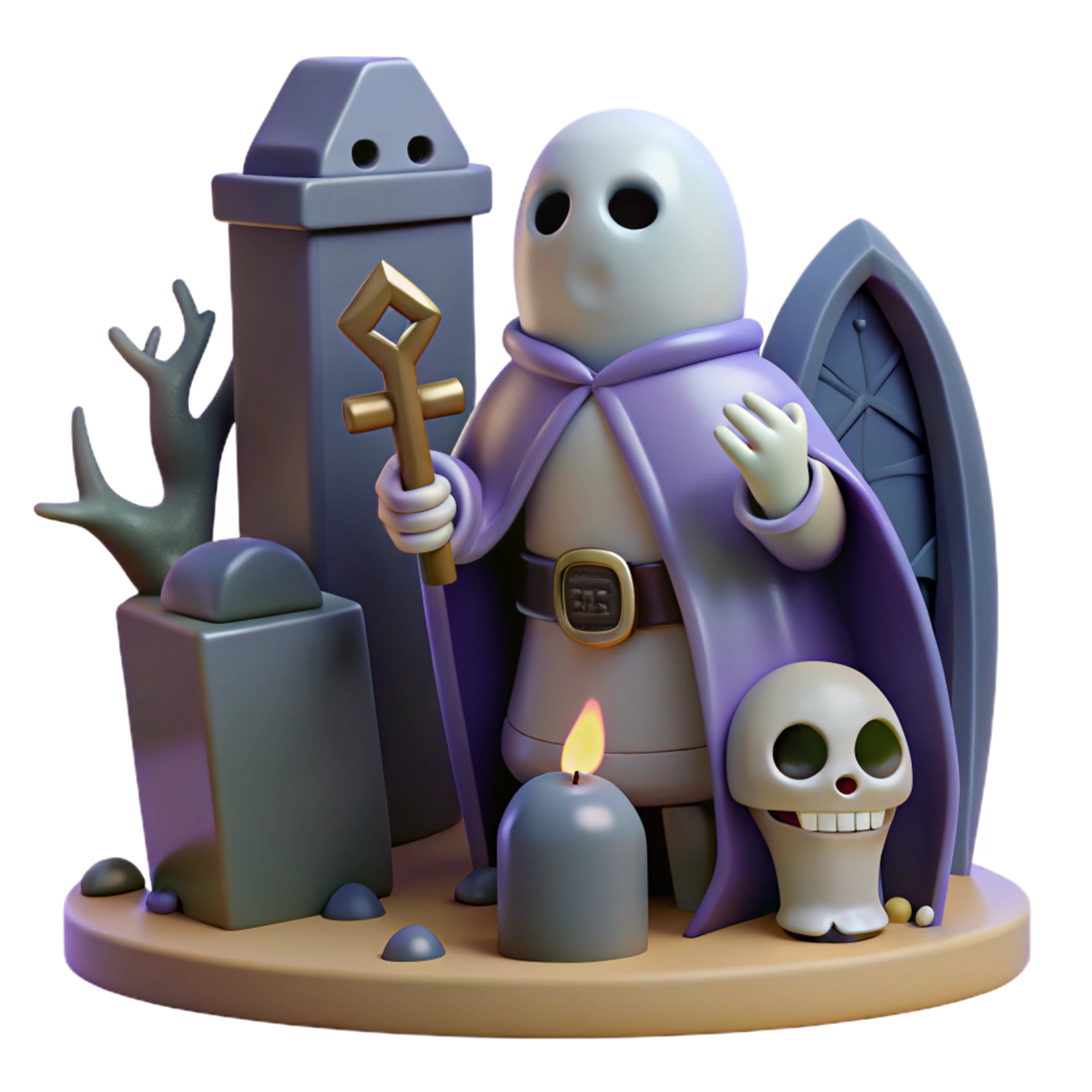 3D Render of Ghostly Figure in Purple Robe with Ankh, Candle, and Skull ...