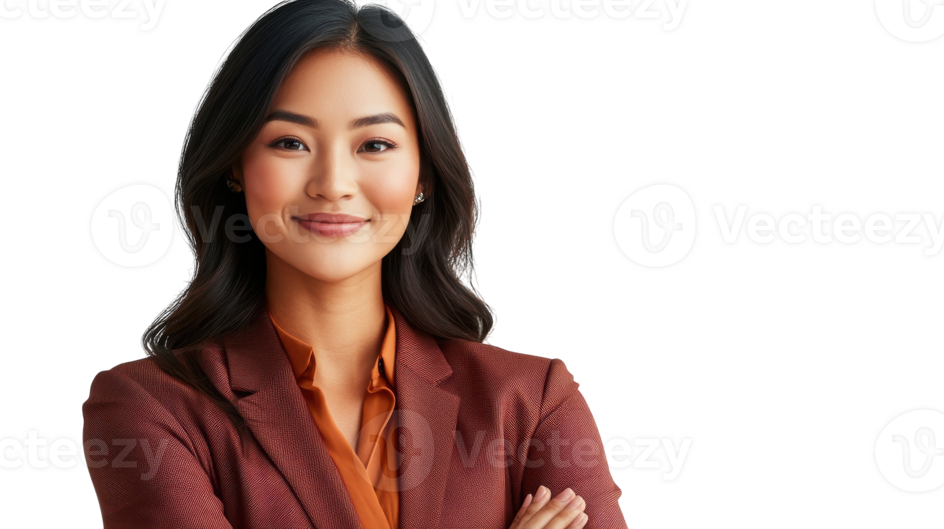 Confident businesswoman smiling in professional attire with arms crossed against white ...