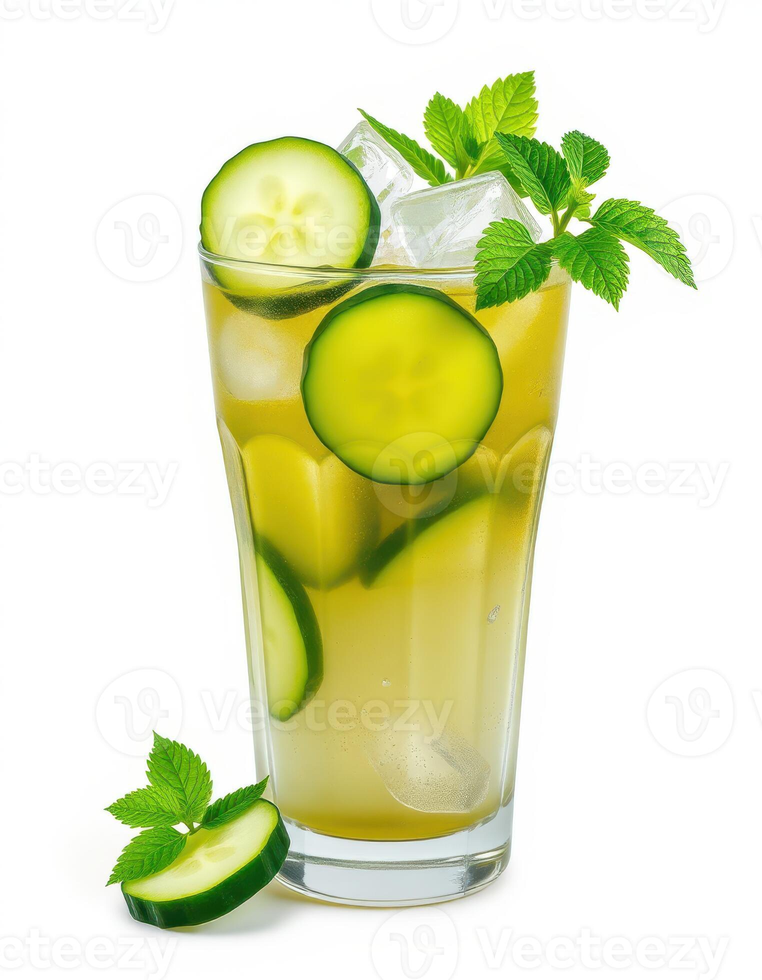 Refreshing cucumber mint drink served in a clear glass with ice and garnished with fresh mint ...