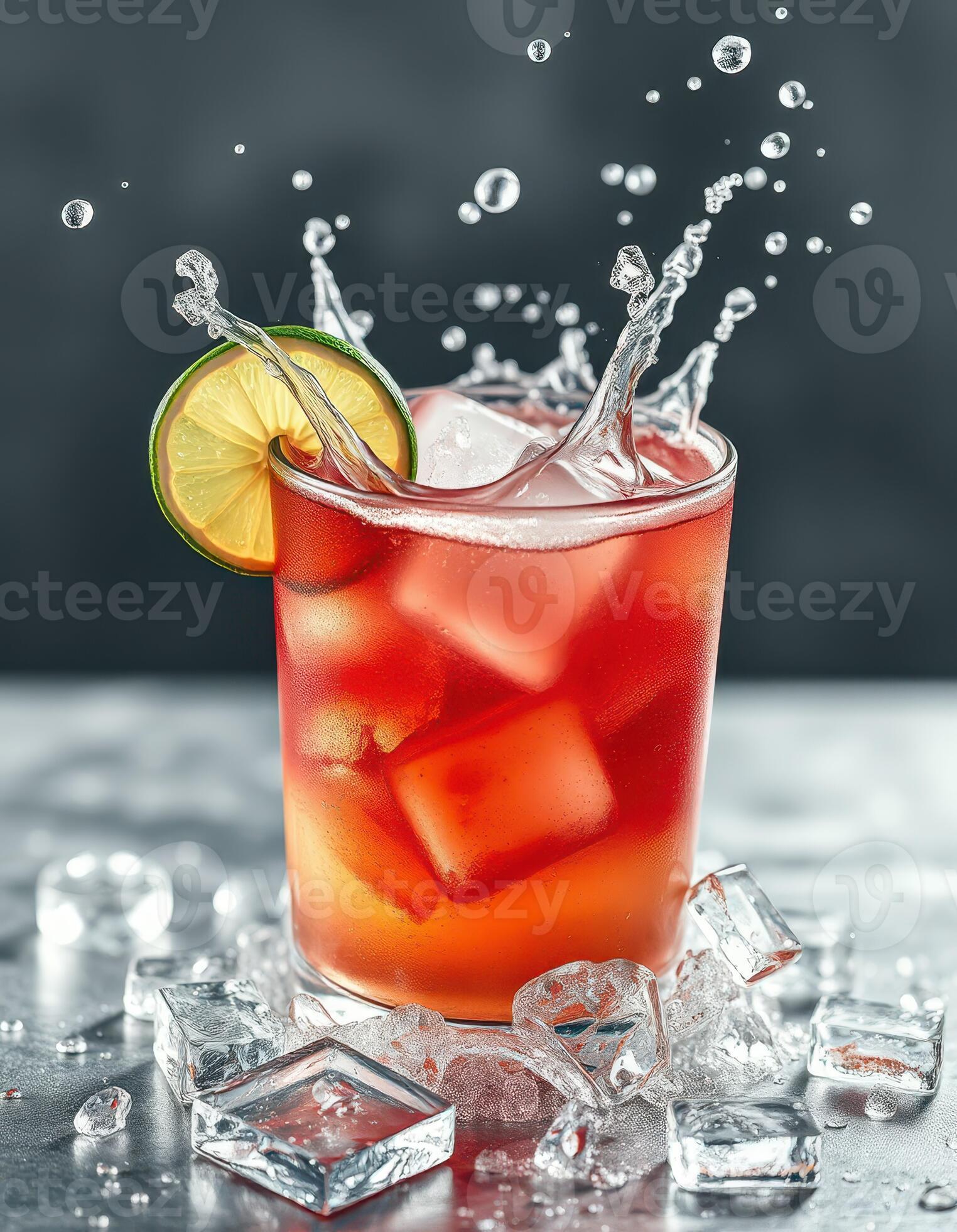 Refreshing drink with lime slice splashing in ice cubes captured in a creative manner indoors ...