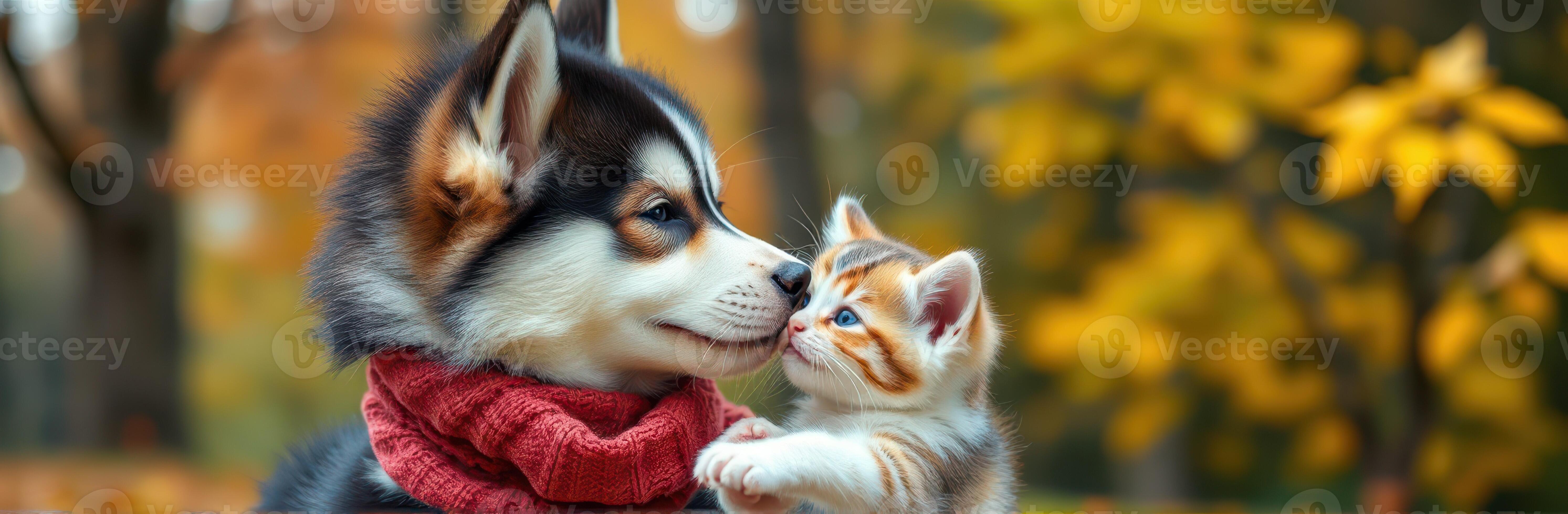 Cute dog and cat sharing a sweet moment in a colorful autumn park 56156569 Stock Photo at Vecteezy