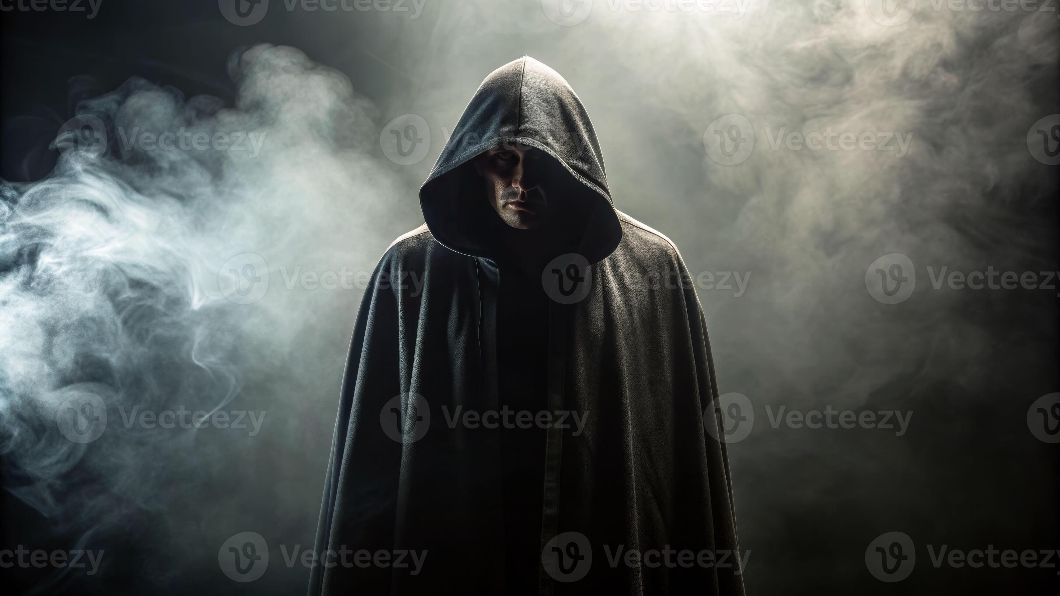 Mysterious shadow figure in a hooded cloak dimly lit environment dark atmosphere captivating ...