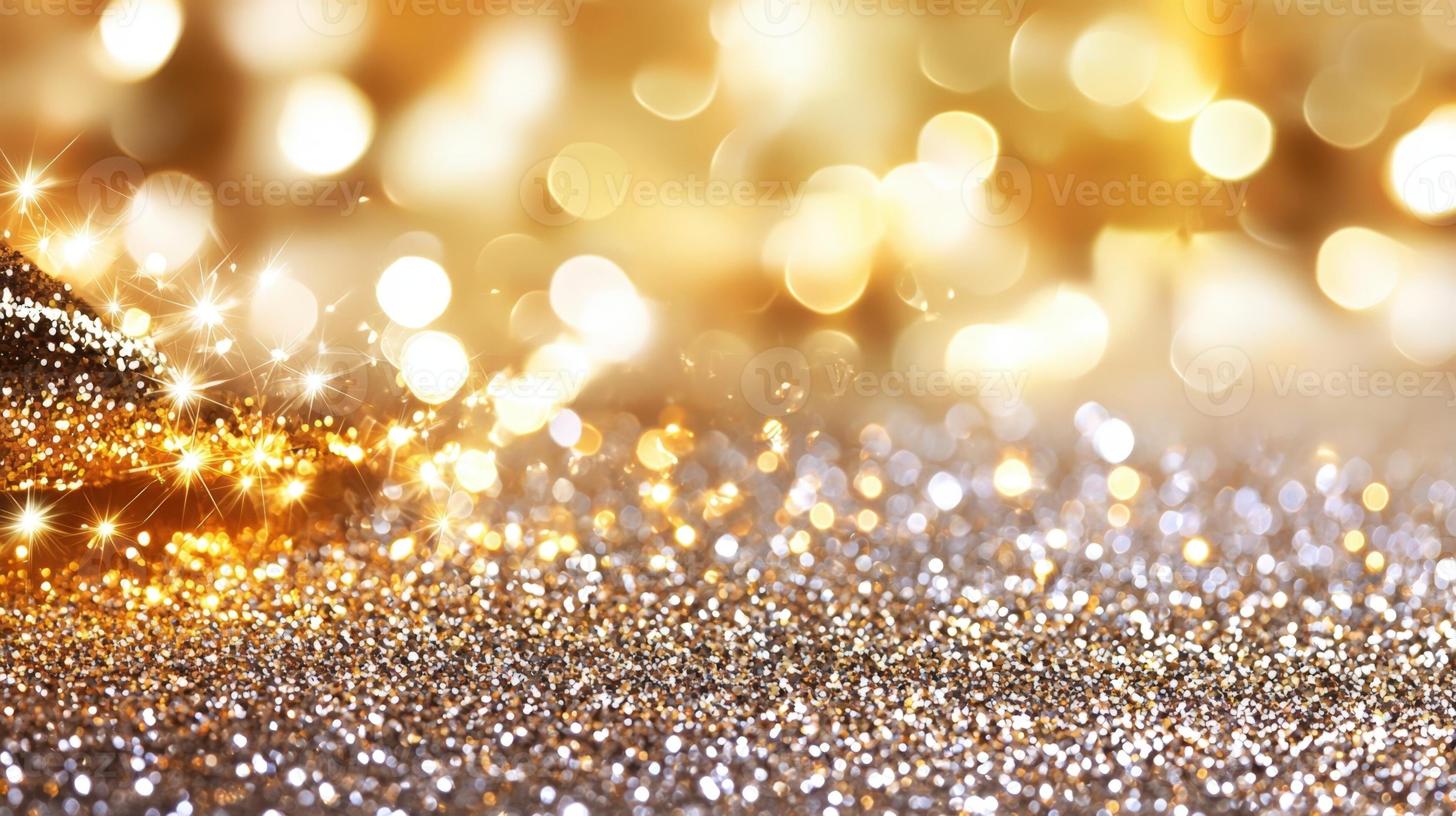 Sparkling golden bokeh lights glimmering against abstract background, conveying celebration and ...