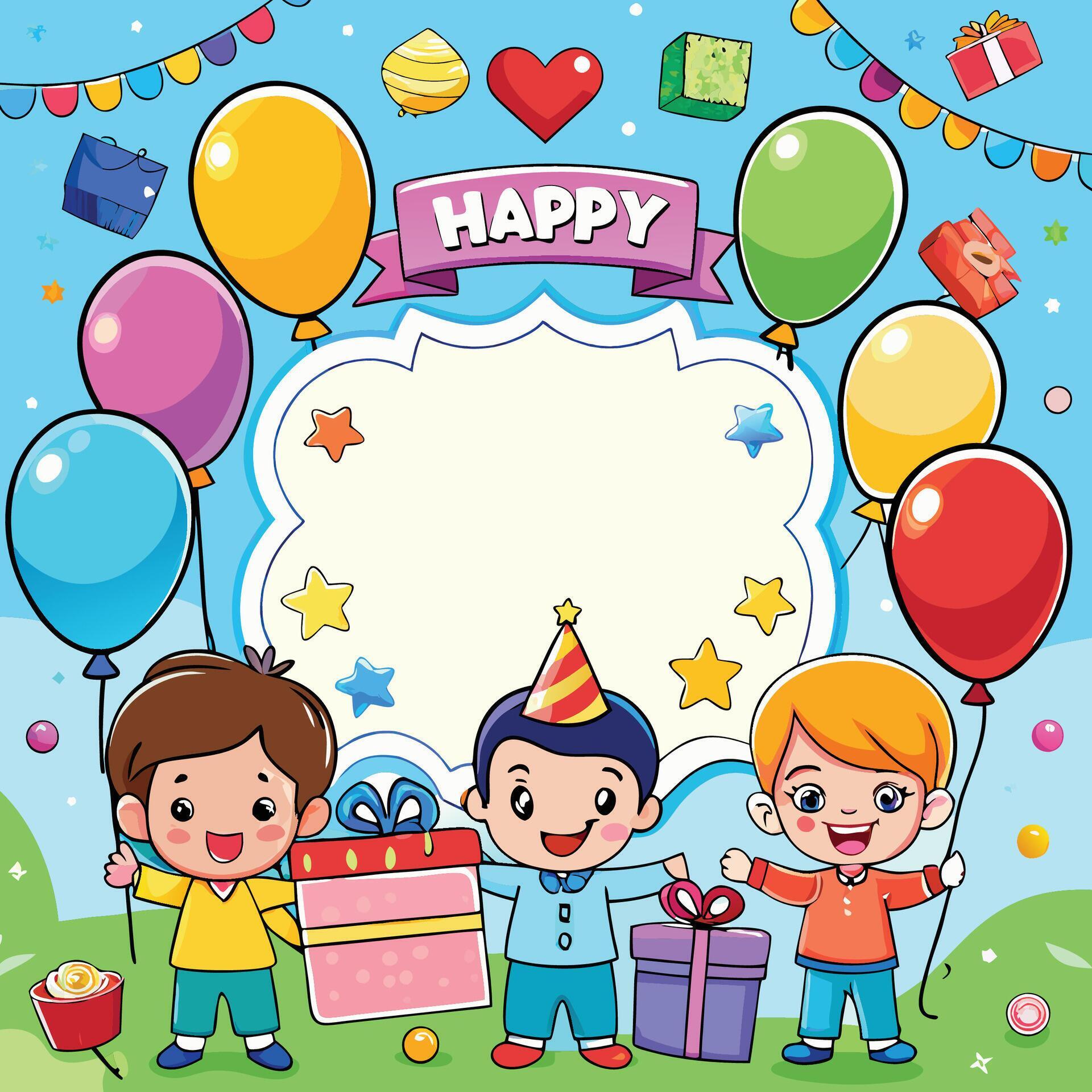 happy birthday card with kids holding balloons and gifts white ...