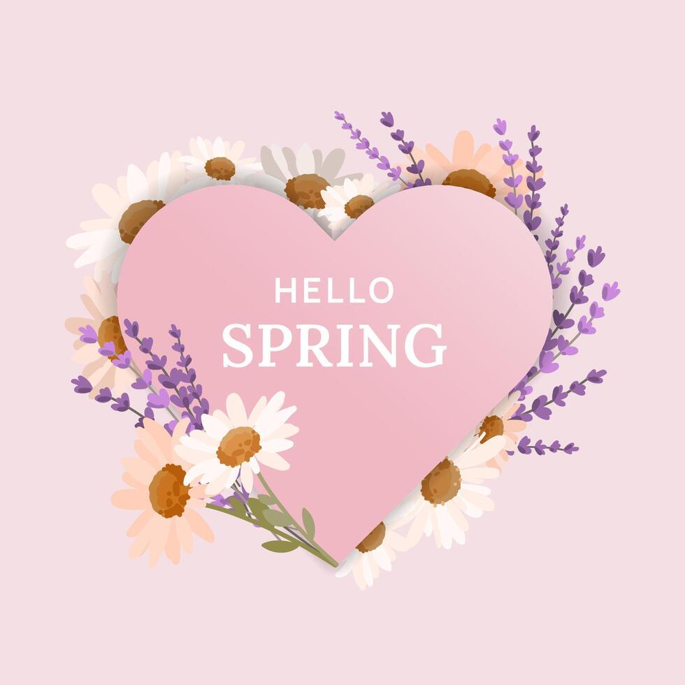 Spring themed illustration with pink heart with the text Hello Spring ...