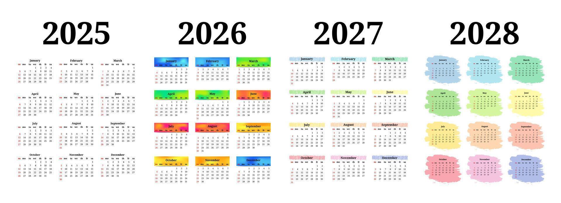 conjunto de cuatro vertical calendarios para 2025, 2026, 2027 y 2028 domingo a lunes, negocio ...