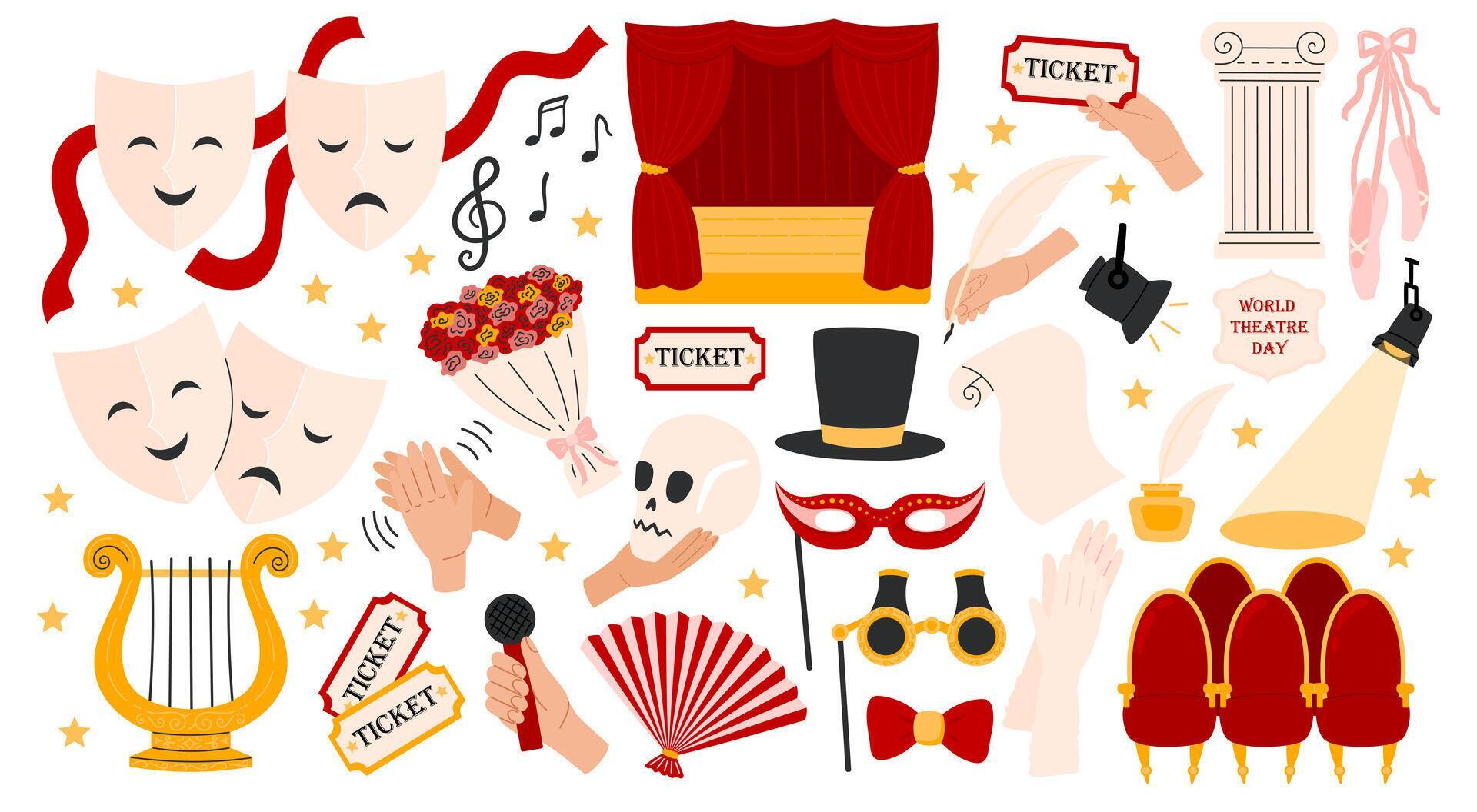 Theater elements set. Theatre stage with red curtain, theatrical comedy and drama mask, ticket ...
